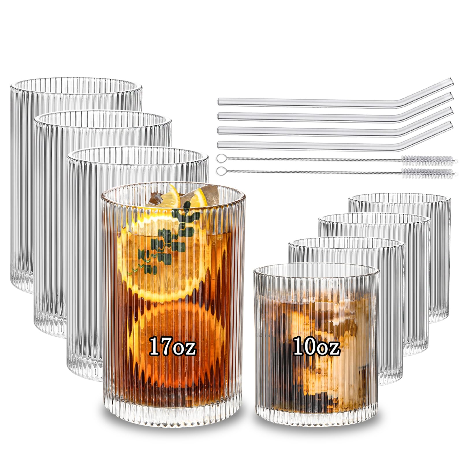 INSETLAN Set of 8 Ribbed Glassware - 4 Large Glasses 17 oz, 4 Rocks ...