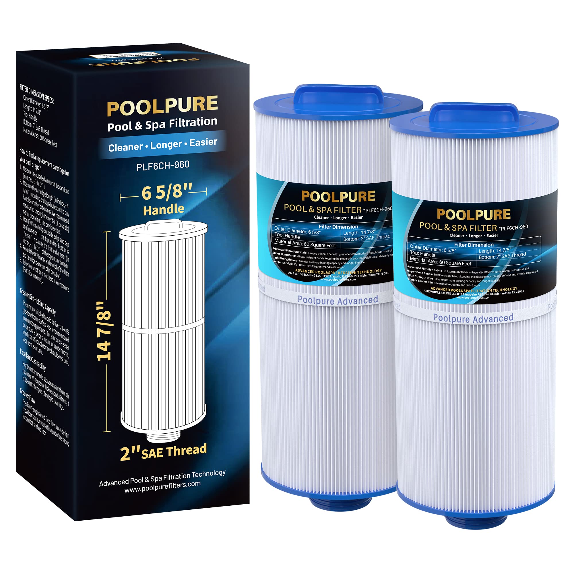 POOLPURE PLF6CH-960 Spa Filter Replaces PJW60TL-F2S, Jacuzzi Filters J ...