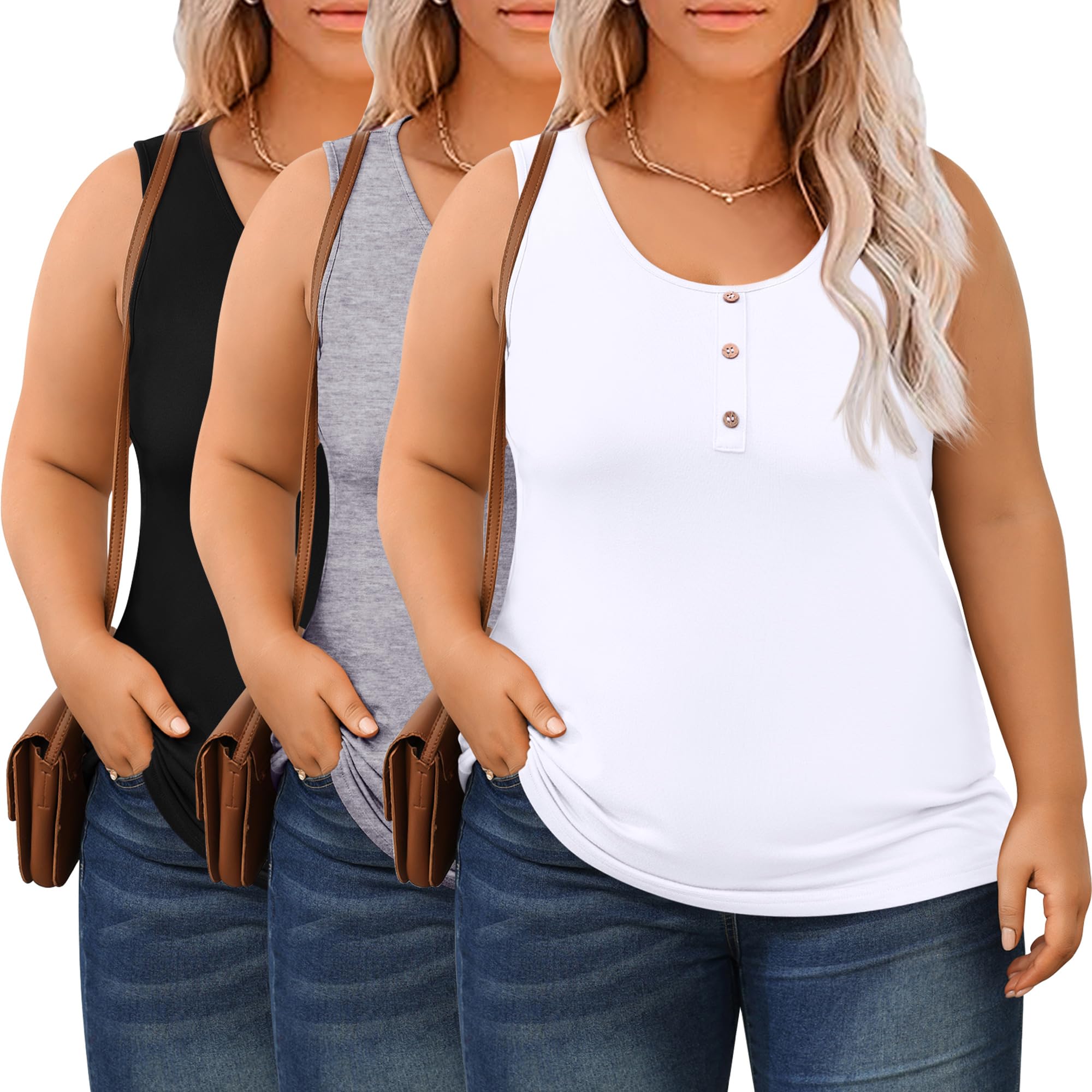 Evervibe 3 Pack Plus Size Tops for Women Casual Crew Neck Sleeveless ...