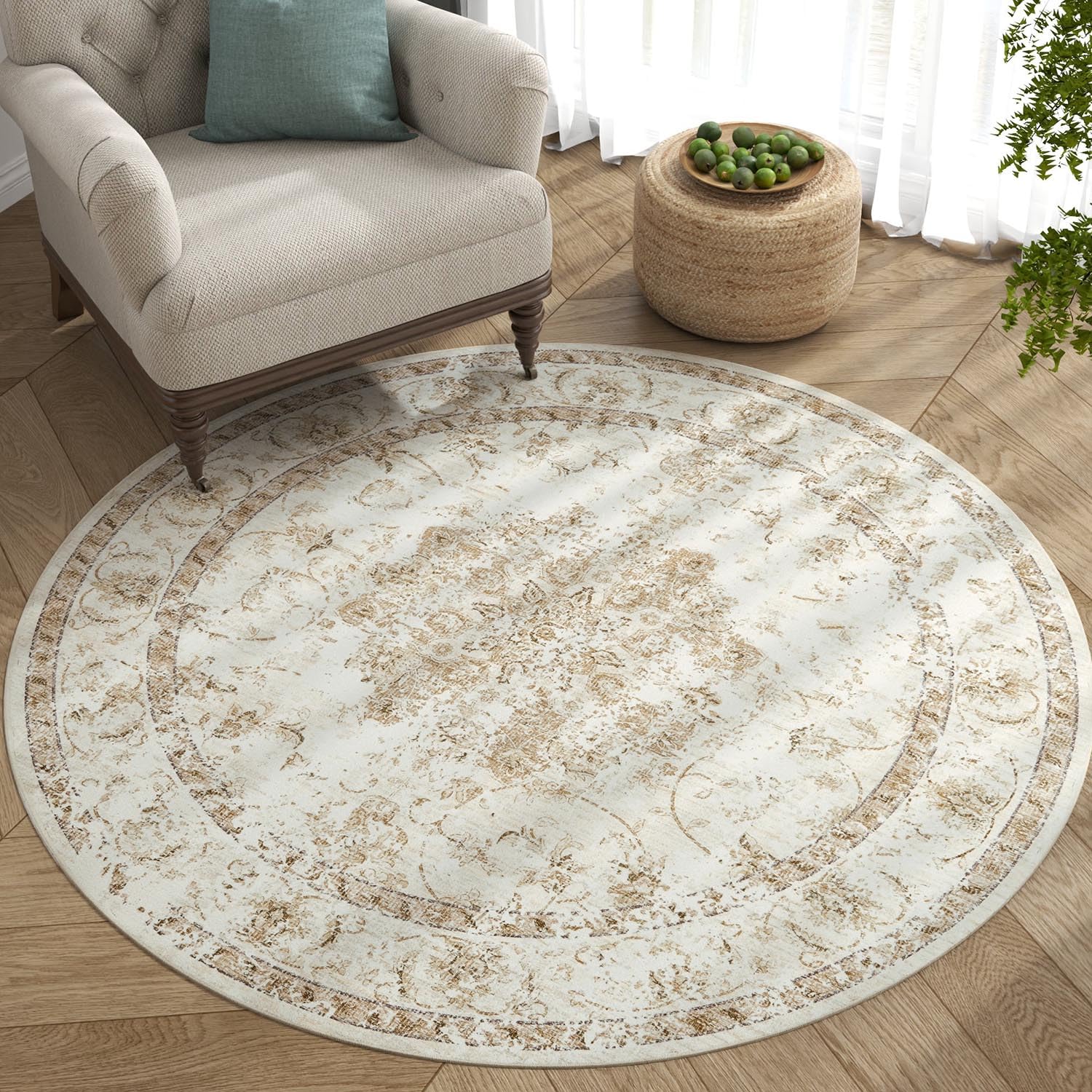 jinchan Washable Round Rug 5ft - Ultra-Thin Circle Rug Vintage Floral ...