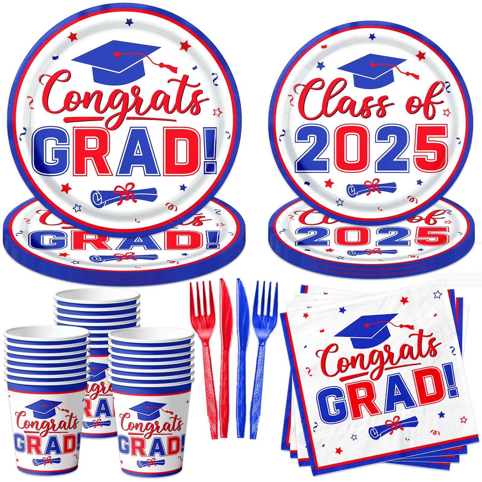 Red and Blue Graduation Decorations Dinnerware Set, Class of 2025 ...