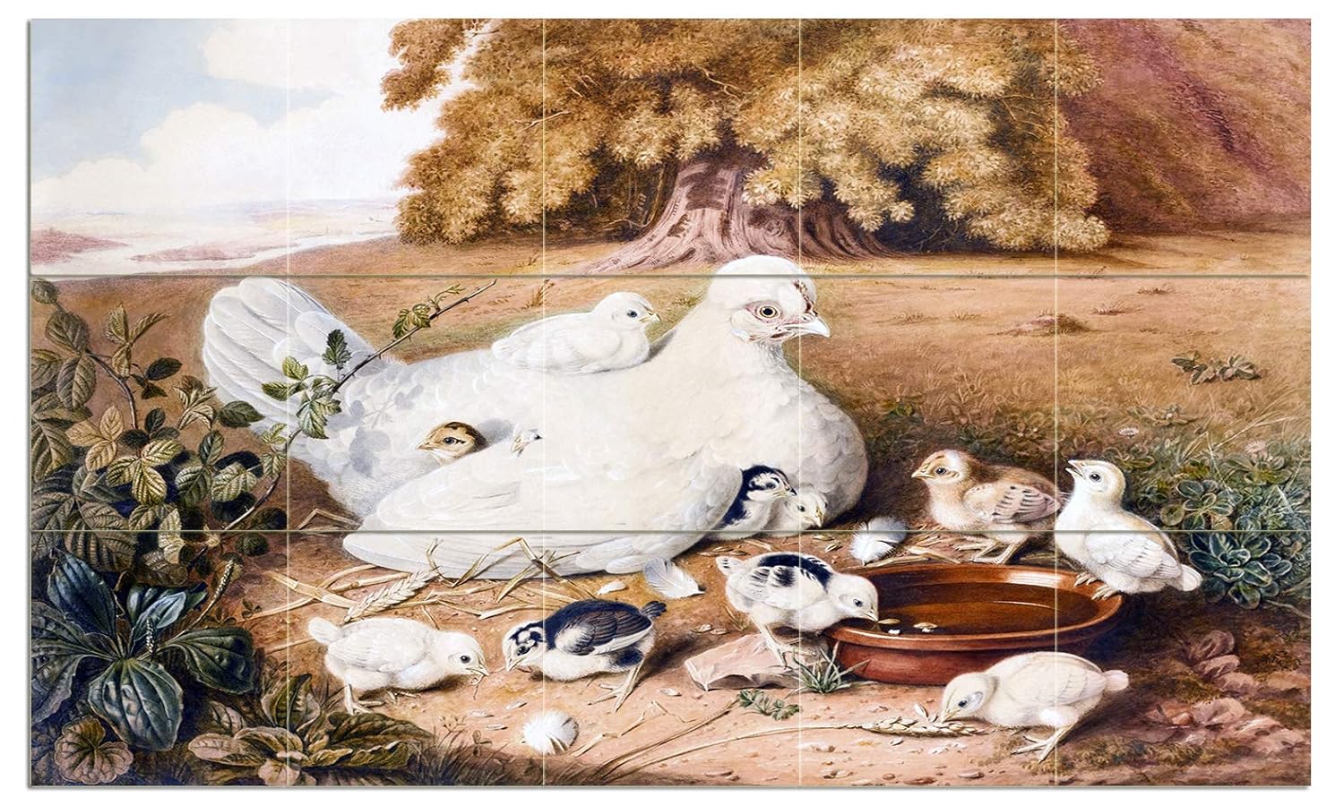 Hen with Chicks A. Withers Chickens Tile Mural Kitchen Backsplash ...