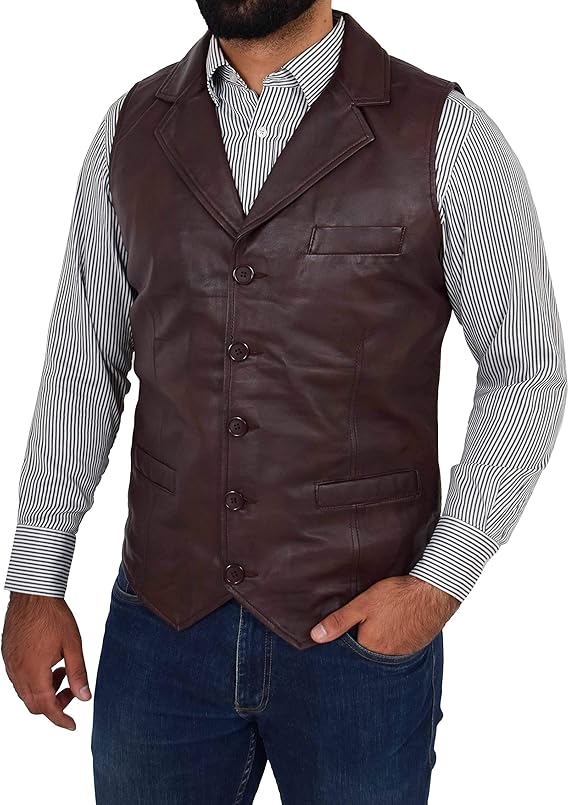 A1 FASHION GOODS Herren Echtes Braun Weiches Leder Weste Revere Kragen ...