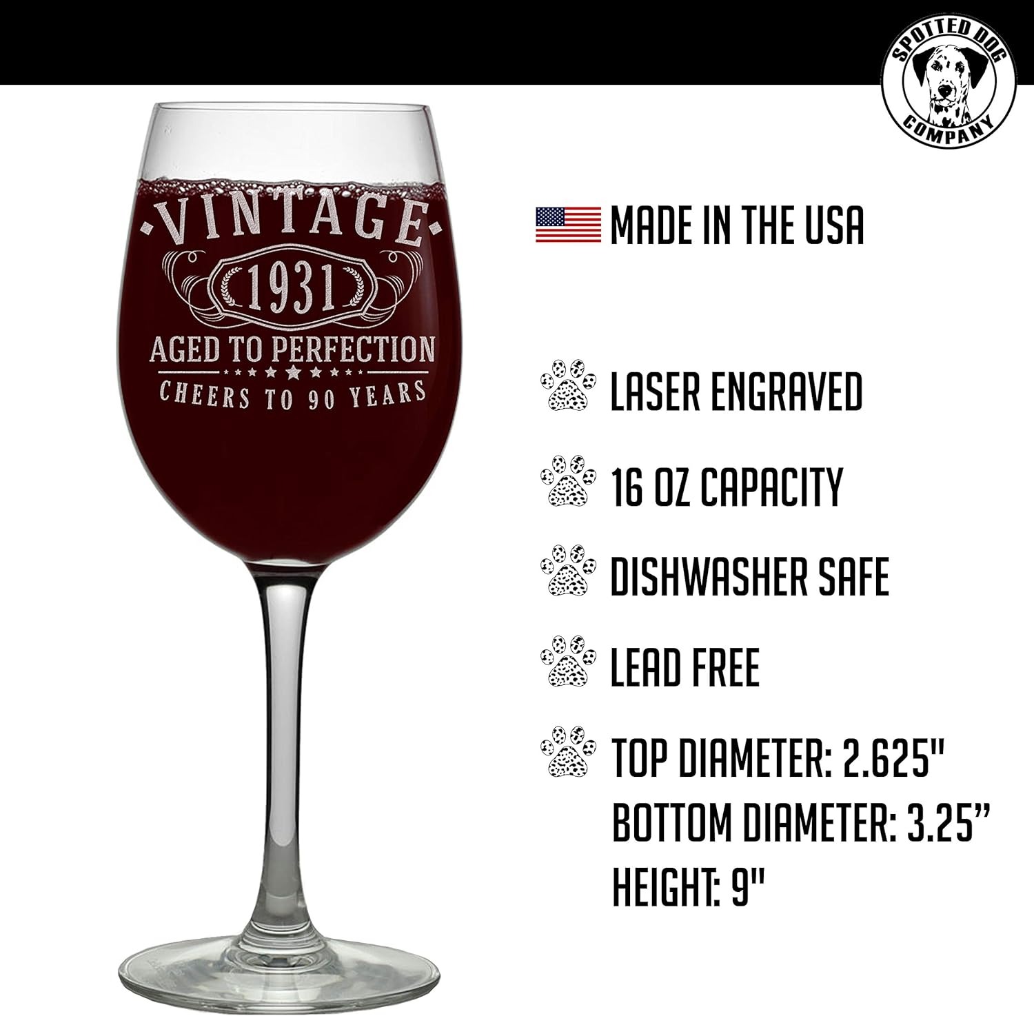 Vintage 1931 Etched 16oz Stemmed Wine Glass – 90th Birthday Aged to ...