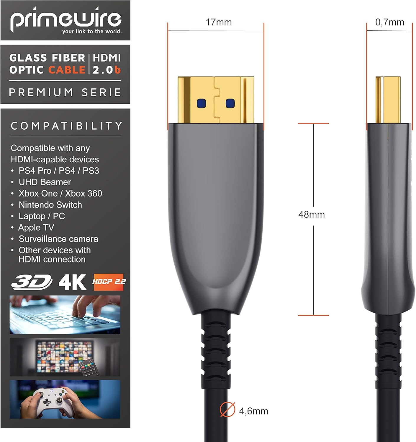 Primewire HDMI 2.0b Fibre Optic Cable – 20 m – gold plated contacts ...