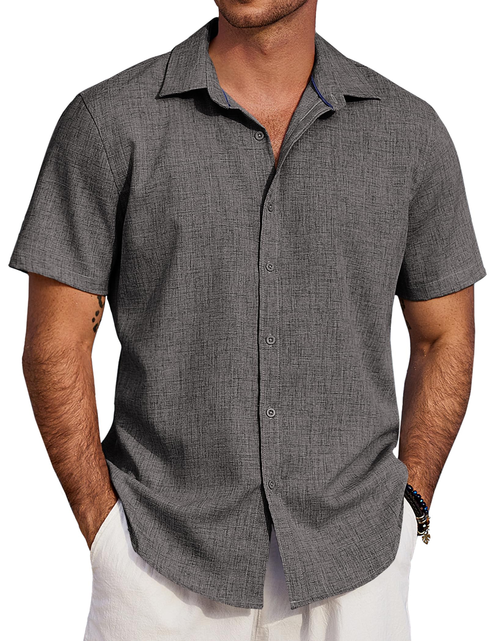 COOFANDY Men's Linen Texture Shirt Short Sleeve Untucked Dress Shirts ...
