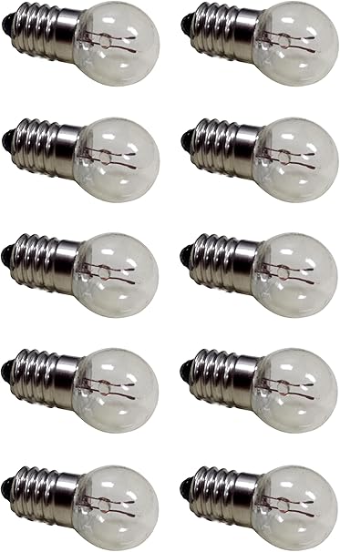 Pack of 10 E10 Miniature Screw Base Light Bulbs, 6.3V/0.5A, 6 Volt ...