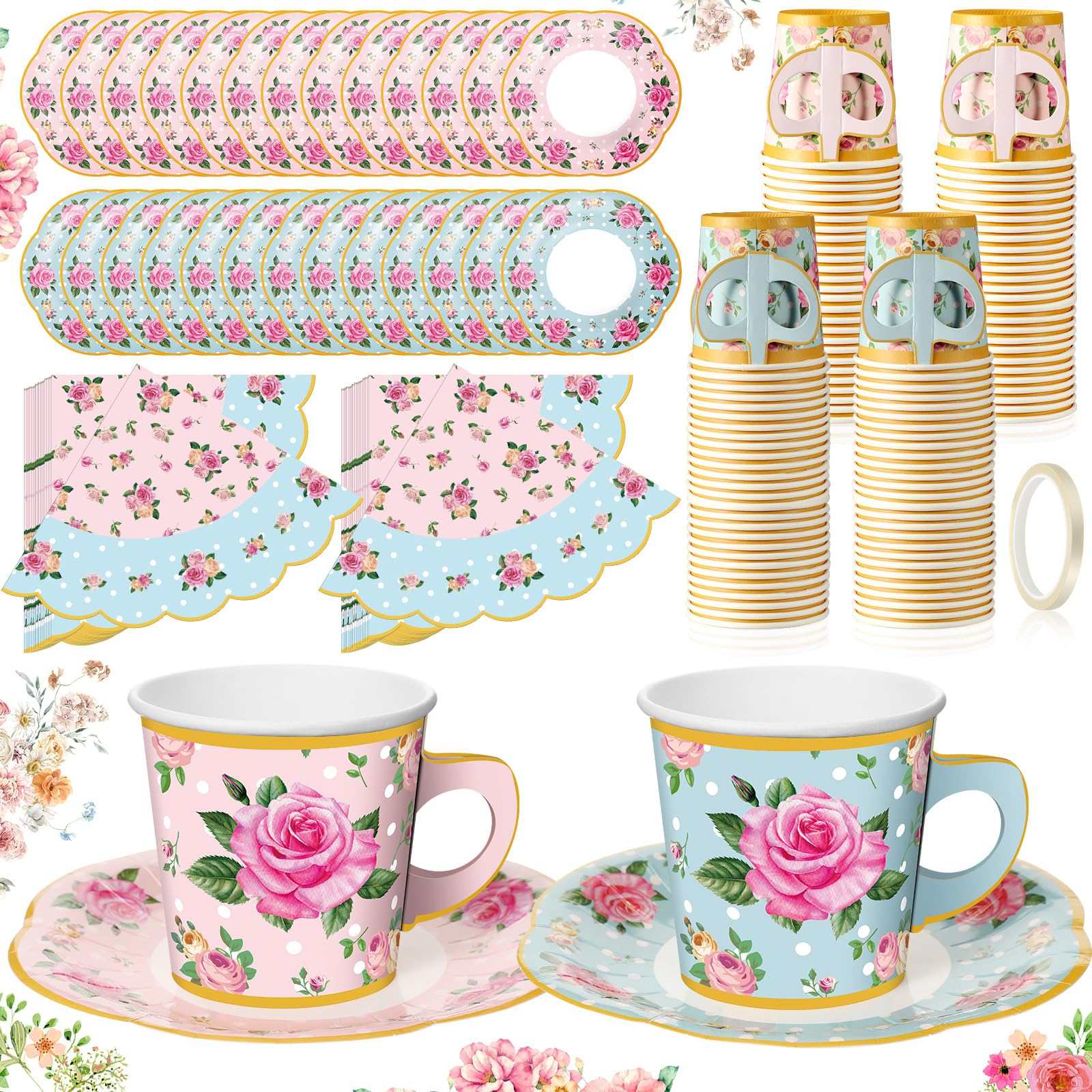 Umigy 60 Set Tea Party Decorations 6.5oz Floral Paper Tea Cups with ...