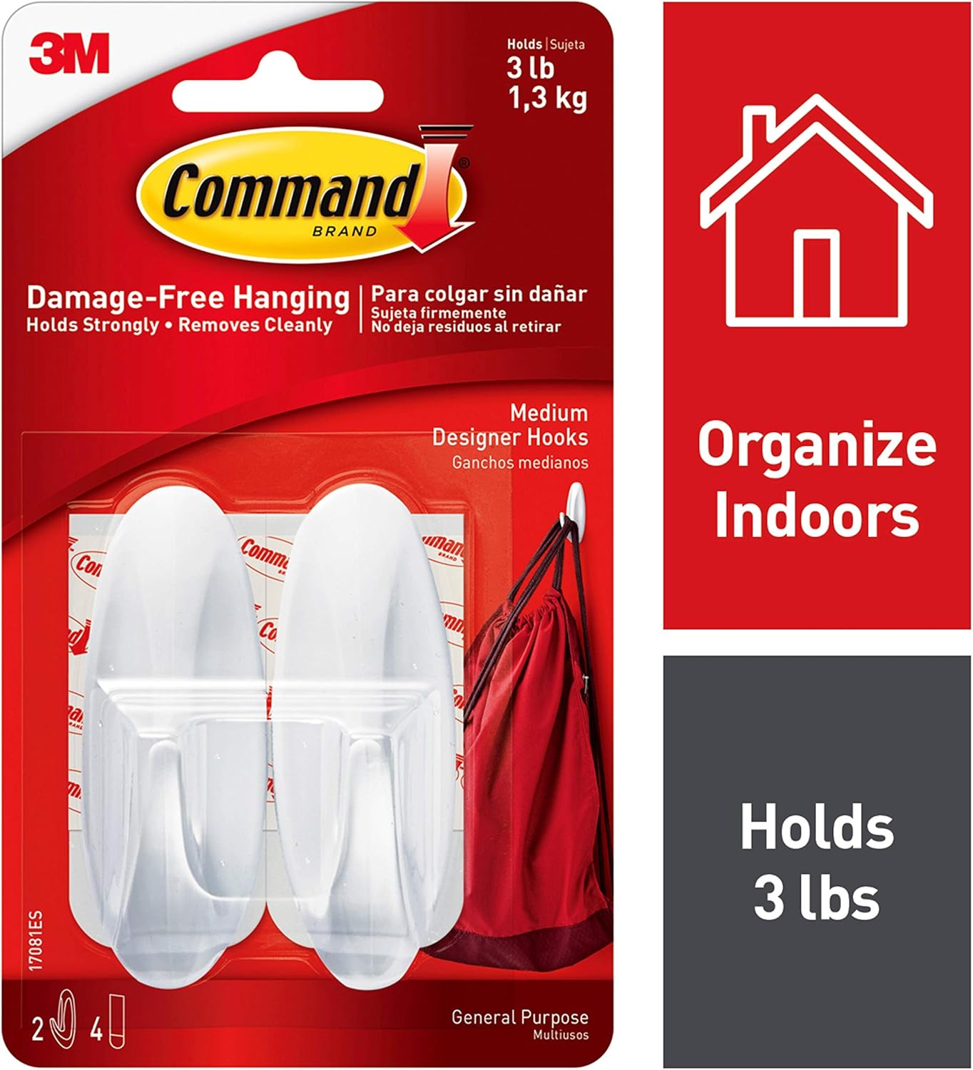 3M Command Crochets Lot de 2 crochets et 4 bandes ovales avec bandes adhésives Command Chaque ...