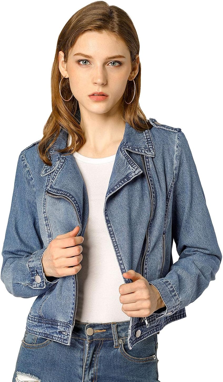 Allegra K Women's Asymmetrical Denim Jacket Moto Zipper Zip Up Short ...