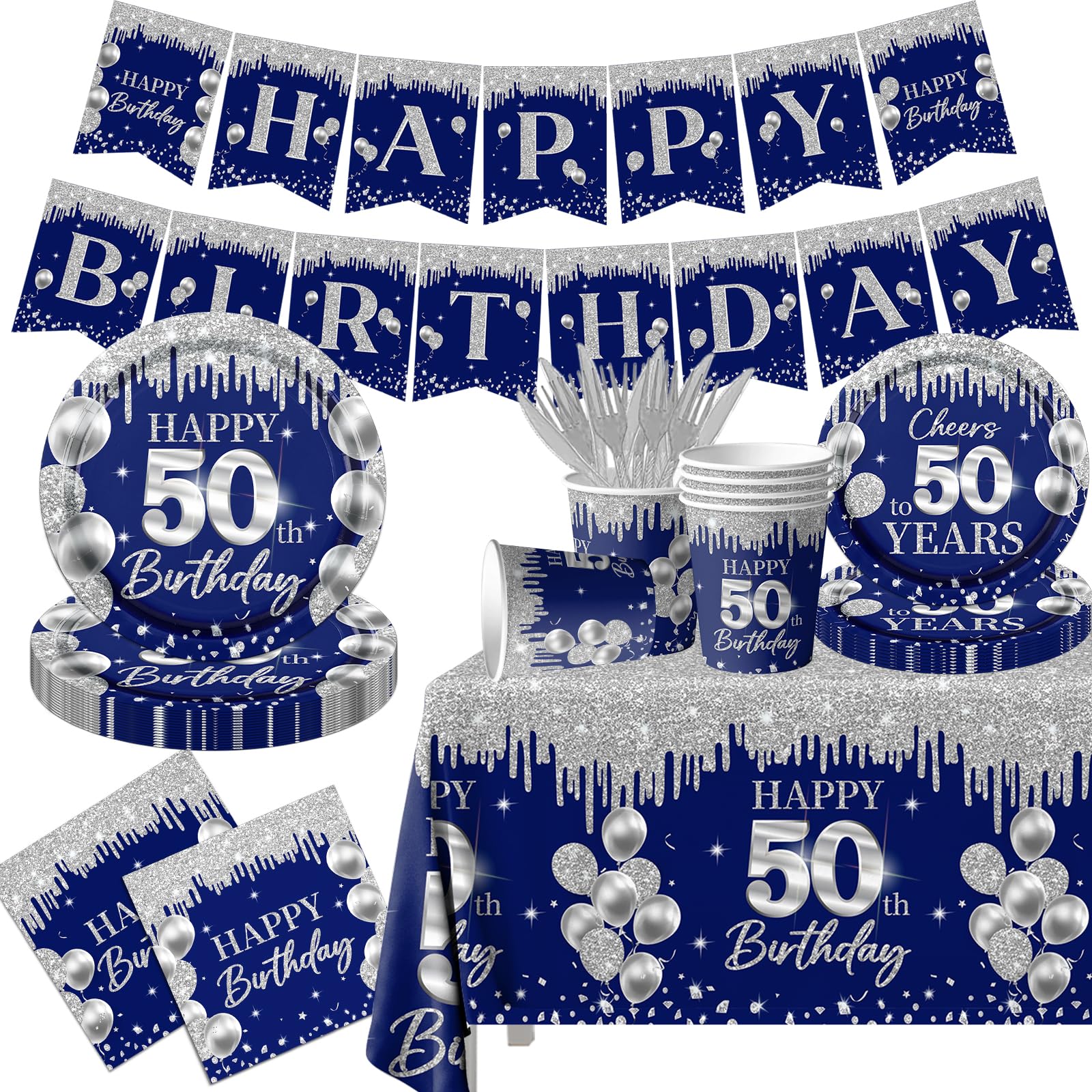 50th Birthday Decorations for Men Tableware,142pcs Sliver Blue 50th ...