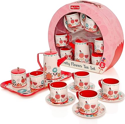 Milly & Ted Pretend Play Kids Tea Set - Deluxe Tin Tea Party Set For ...