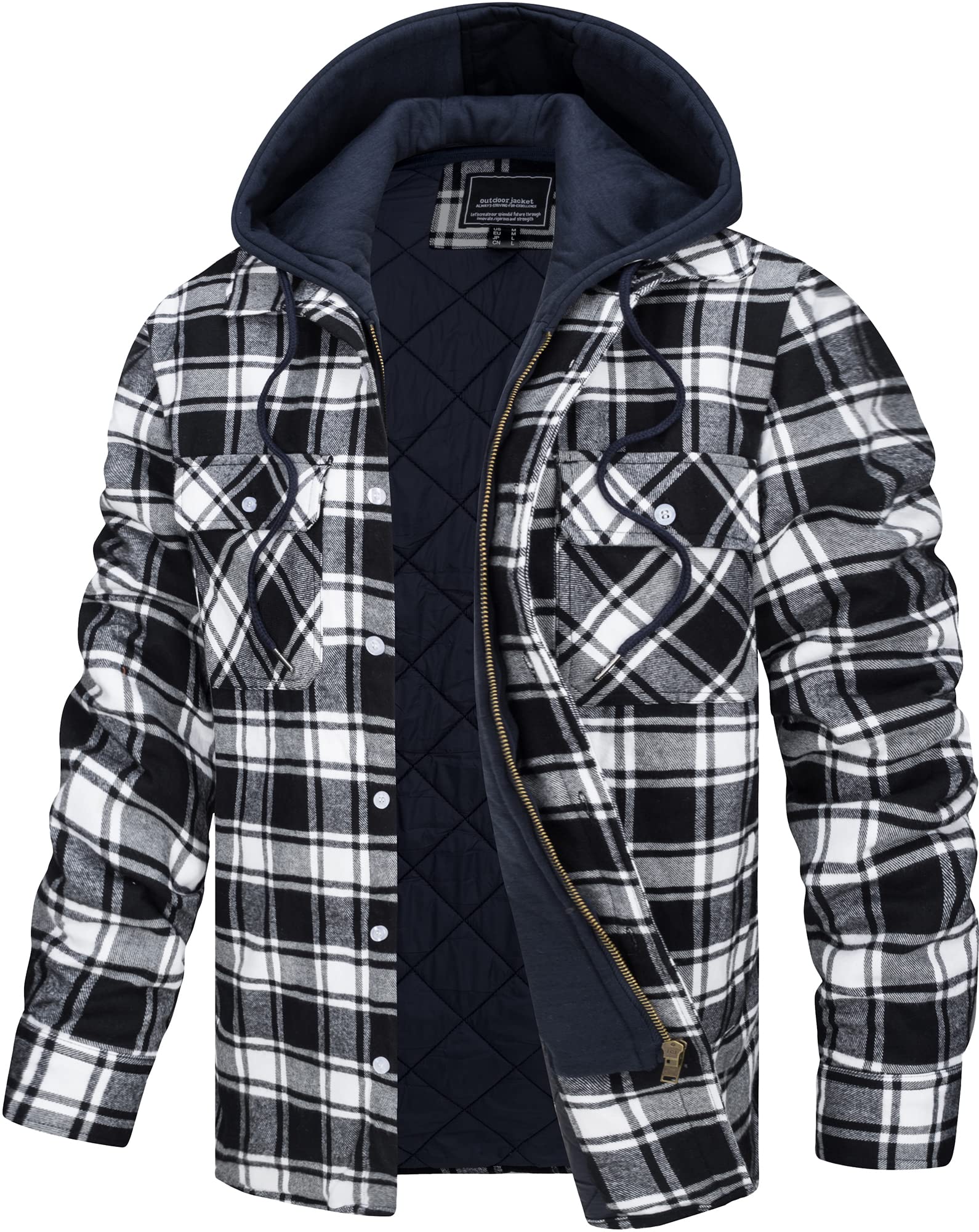 TACVASEN Flannel Hoodie for Men Long Sleeve Quilted Lined Flannel Shirt ...