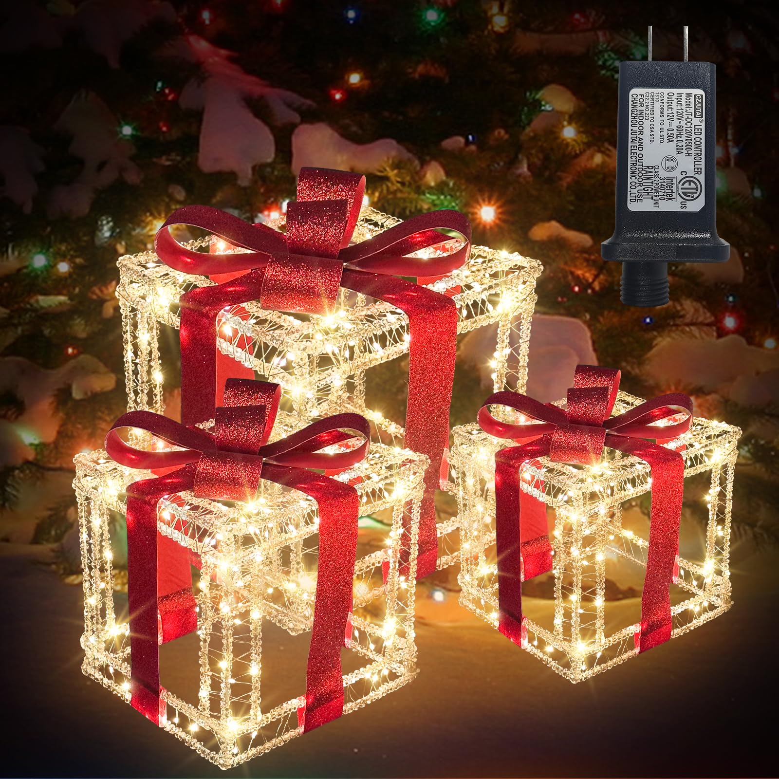 Set of 3 Christmas Acrylic Lighted Gift Boxes with Twinkle Lights,10+8 ...