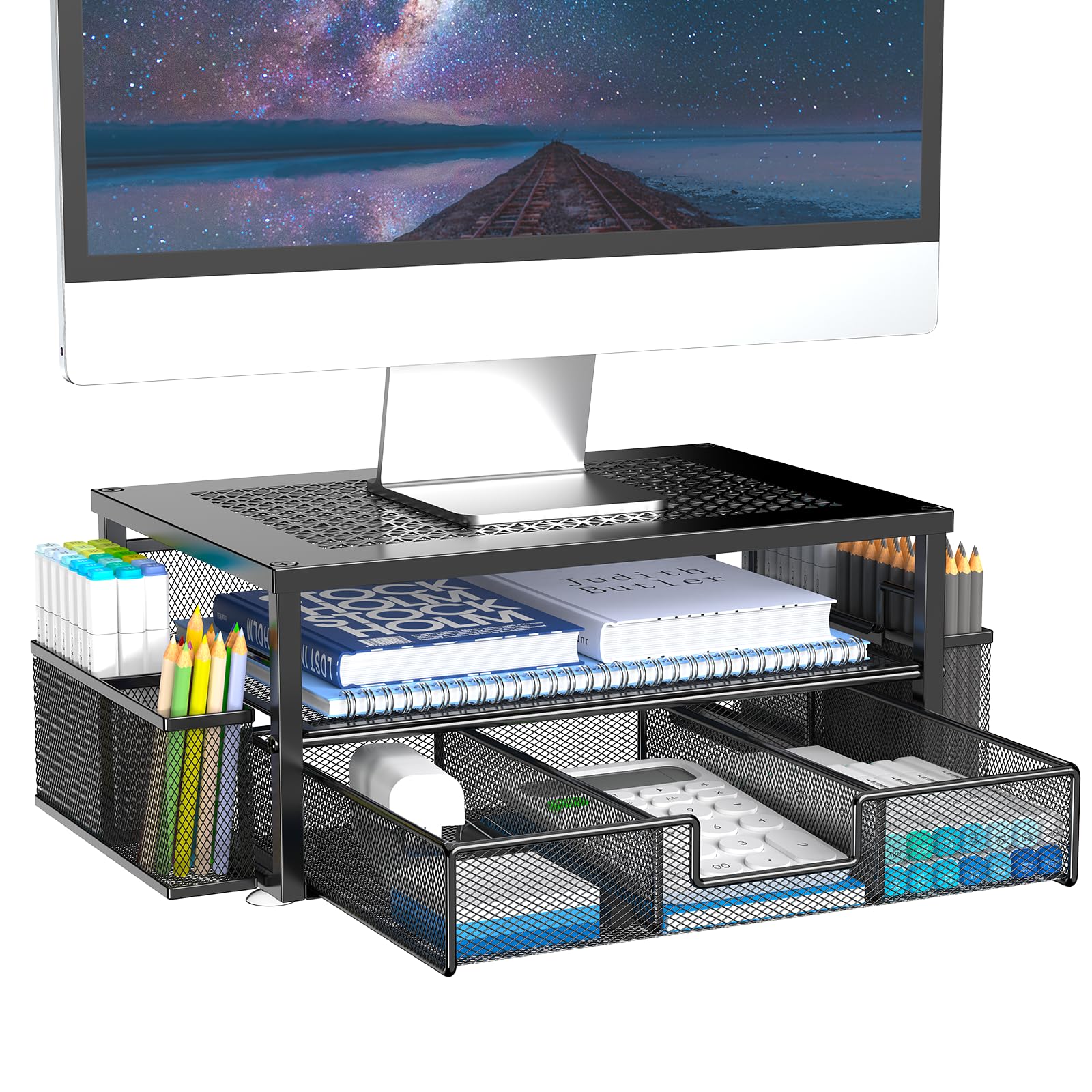 MINDEPOT 2 Tier Computer Monitor Stands with Drawer and 2 Pencil Holder ...