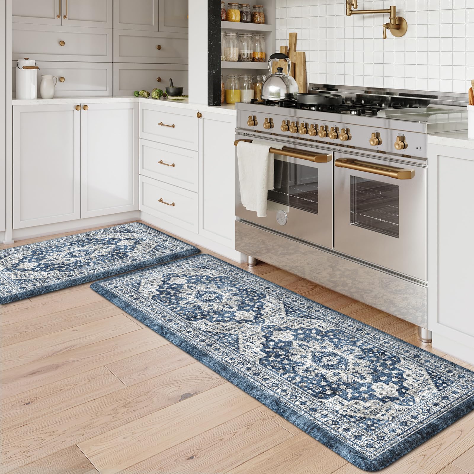 LEEVAN Anti Fatigue Kitchen Mats, Blue Kitchen Rugs Set of 2, Non-Slip ...