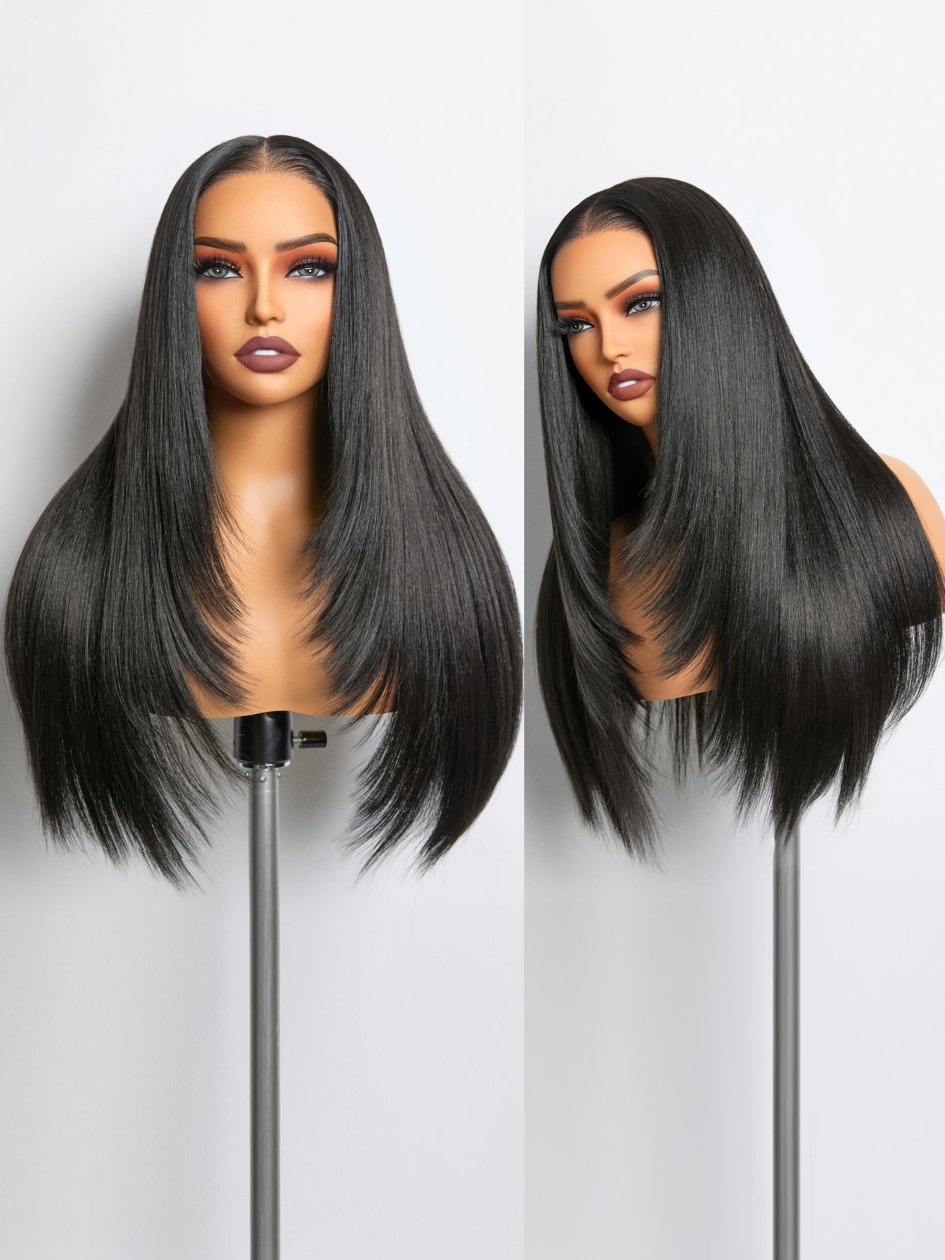 GORGIUS Black Straight Layered Wig Pre Cut HD Lace Glueless Wig Middle ...
