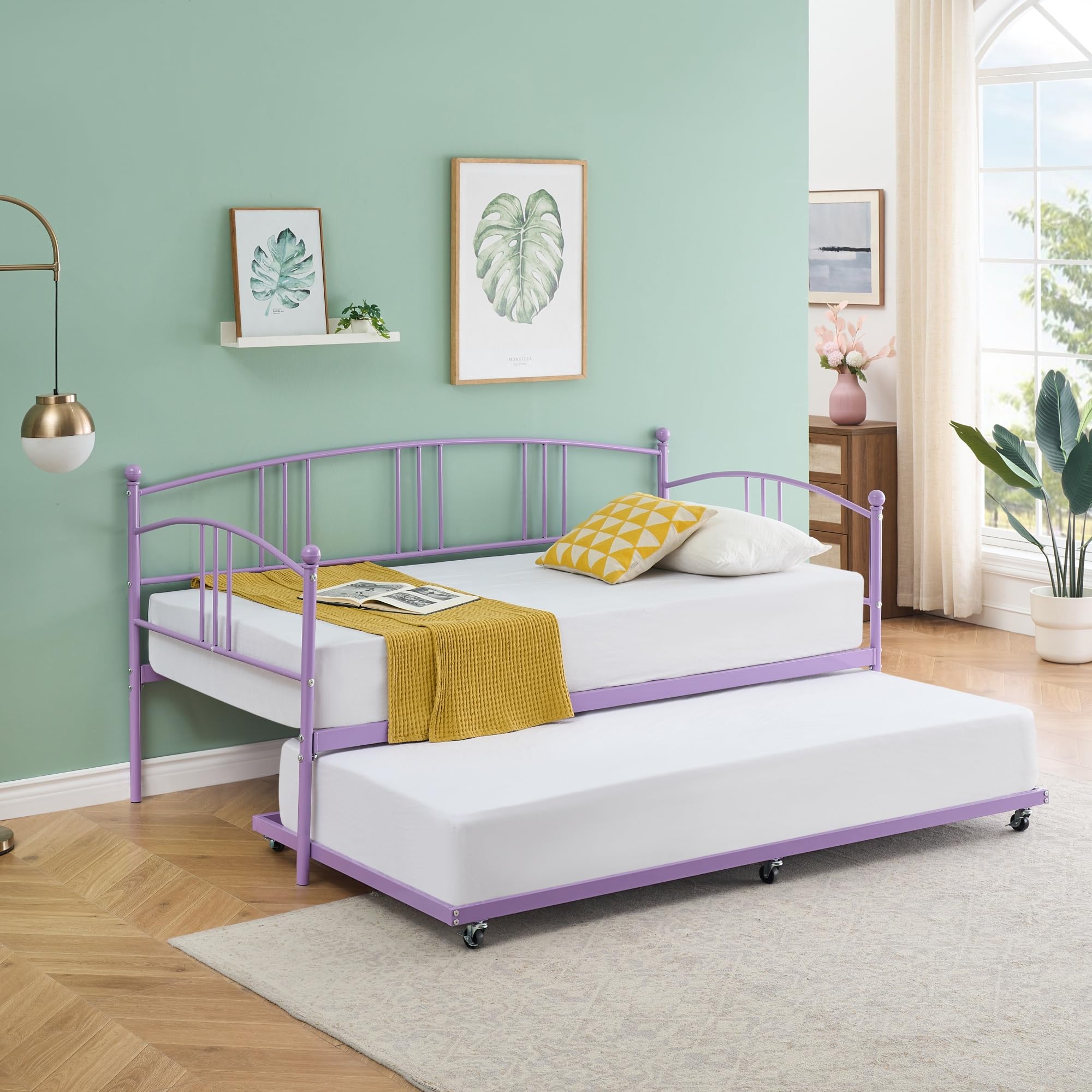 IDEALHOUSE Daybed with Trundle, Metal Twin Size Day Bed with 6 Casters ...