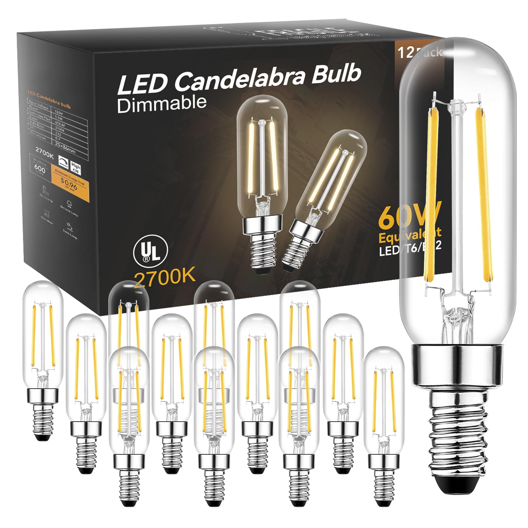 TJOY Candelabra LED Bulbs,Dimmable T6 LED Tubular Bulb 5.5W Equivalent ...