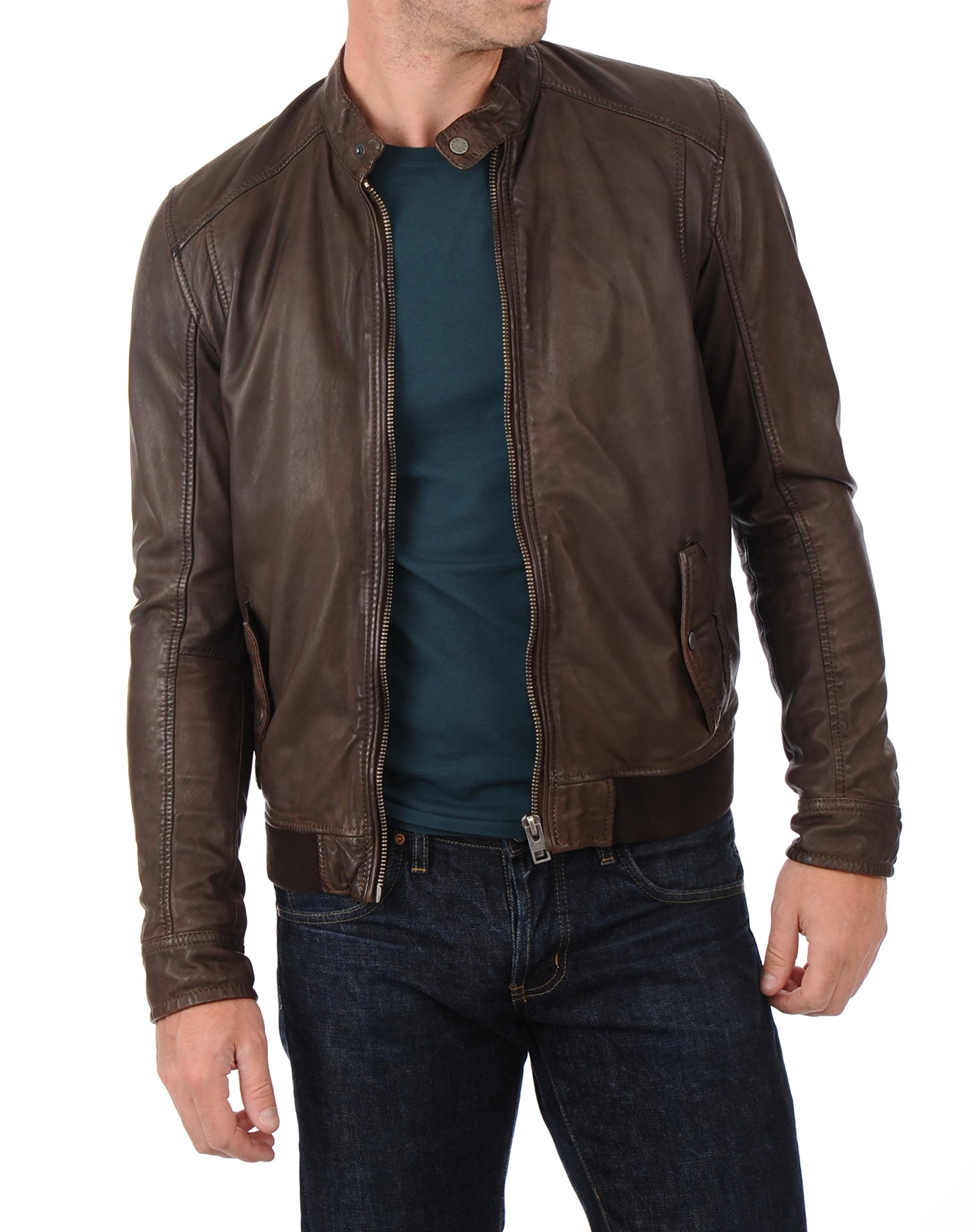 LEATHER FARM Men's Lambskin Leather Bomber Motercycle Jacket (Large ...