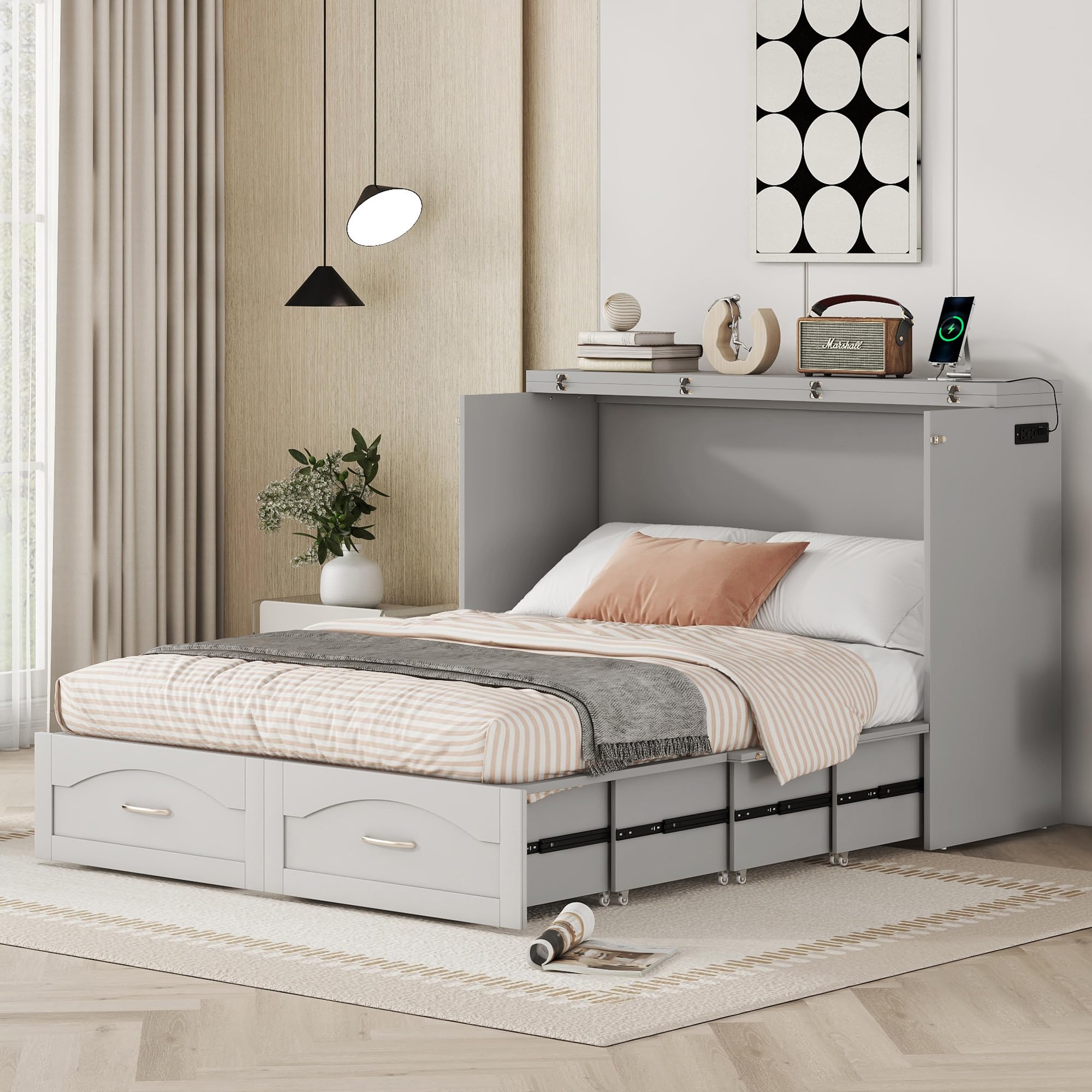 Merax Murphy Bed Cabinet Full Size with Storage, Wood Folding Wall Bed ...