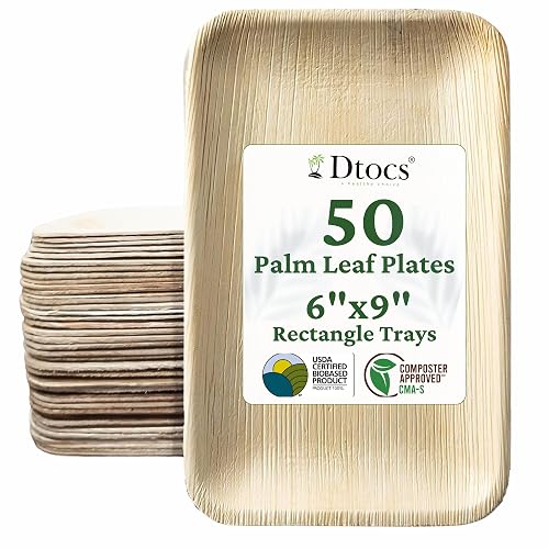 Dtocs Palm Leaf Plates 6x9 Inch Rectangle Tray (Pack 50) | Disposable ...