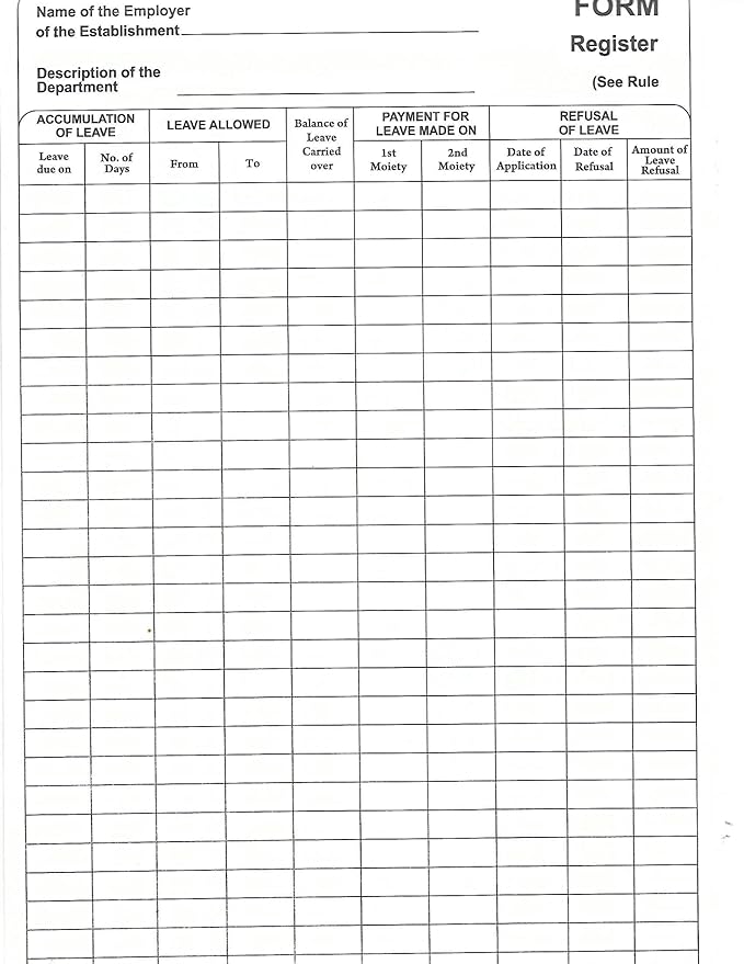 Leave Book Register Form M [Big] Rule 20(4) Under Shop and ...