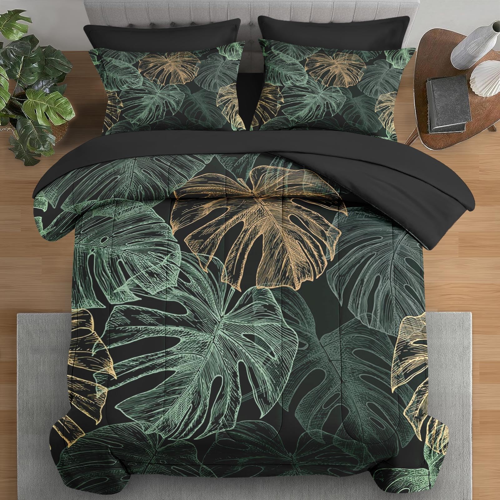Pamnest Comforter Set Queen Size, Green Golden Tropical 7 Pcs Bedding ...