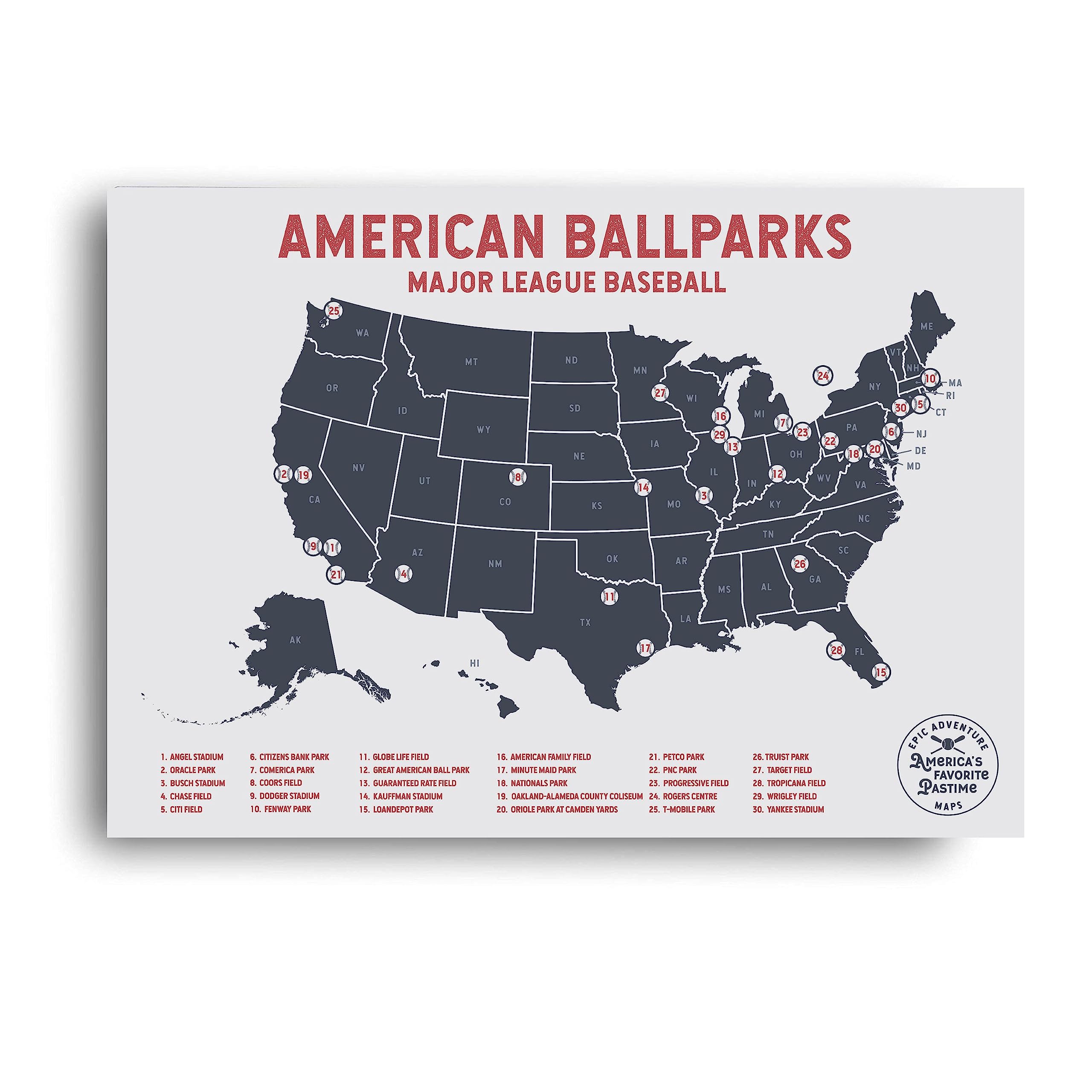 Epic Adventure Maps Major League Baseball Poster + Pushpins - Mark your ...