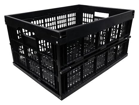 33L Black Heavy Duty Plastic Folding Storage Crate Collapsible Stacking ...