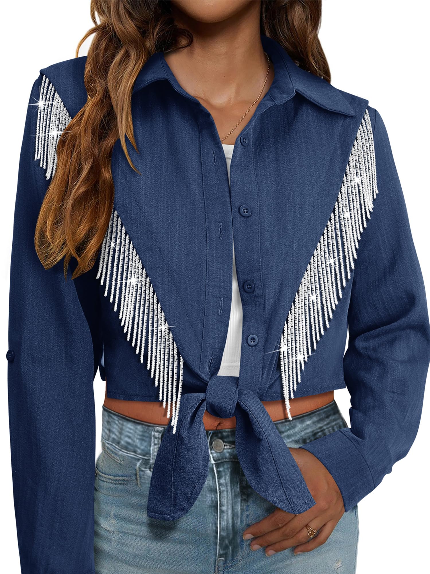 MYMORE Womens Sparkly Rhinestone Fringe Shirts Top Rodeo Disco Cowgirl ...