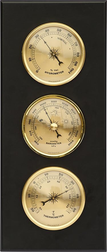 Weather Station Barometer Thermometer Hygrometer Black Wood Finish Gold ...