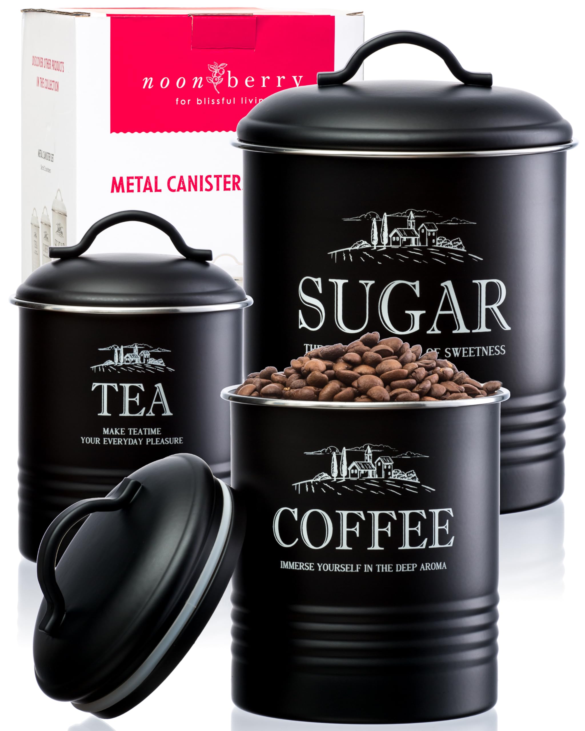 noonberry Matte Black Kitchen Canisters for Countertop - Set of 3 ...