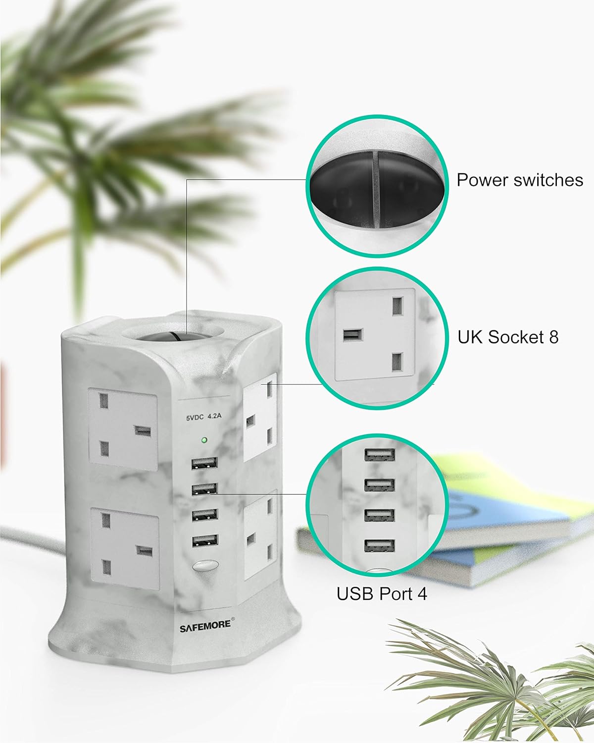 Extension Lead Tower with USB C Slots, SAFEMORE 8 Outlets Multi Plug ...