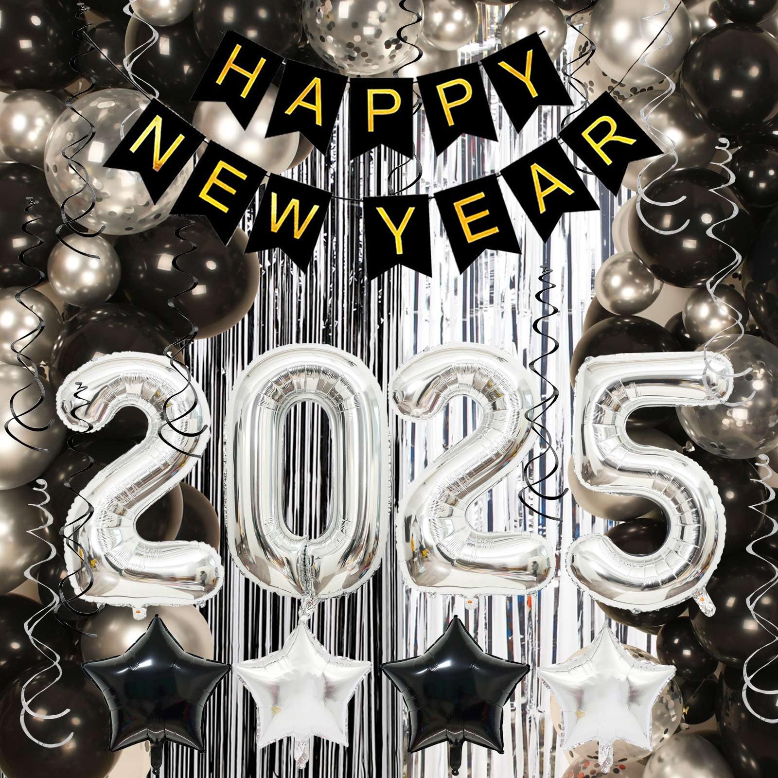 New Years Eve Party Supplies 2025 Kit - Pack of 153, Huge Silver 2025 ...