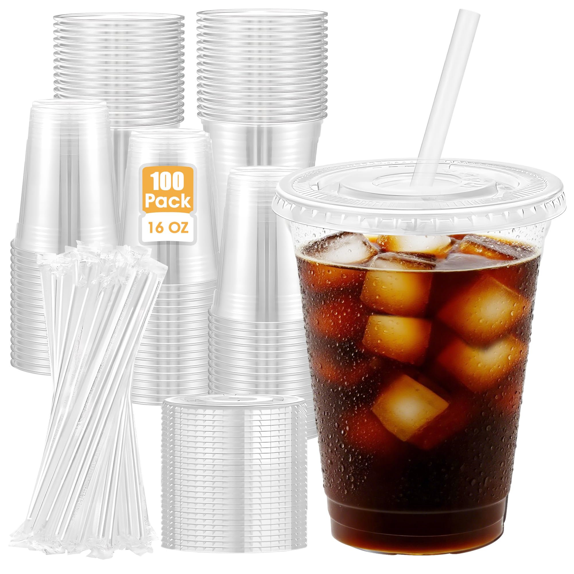 ImproULife 100 Pack16 oz Clear Plastic Cups with Lids and Straws, Easy ...