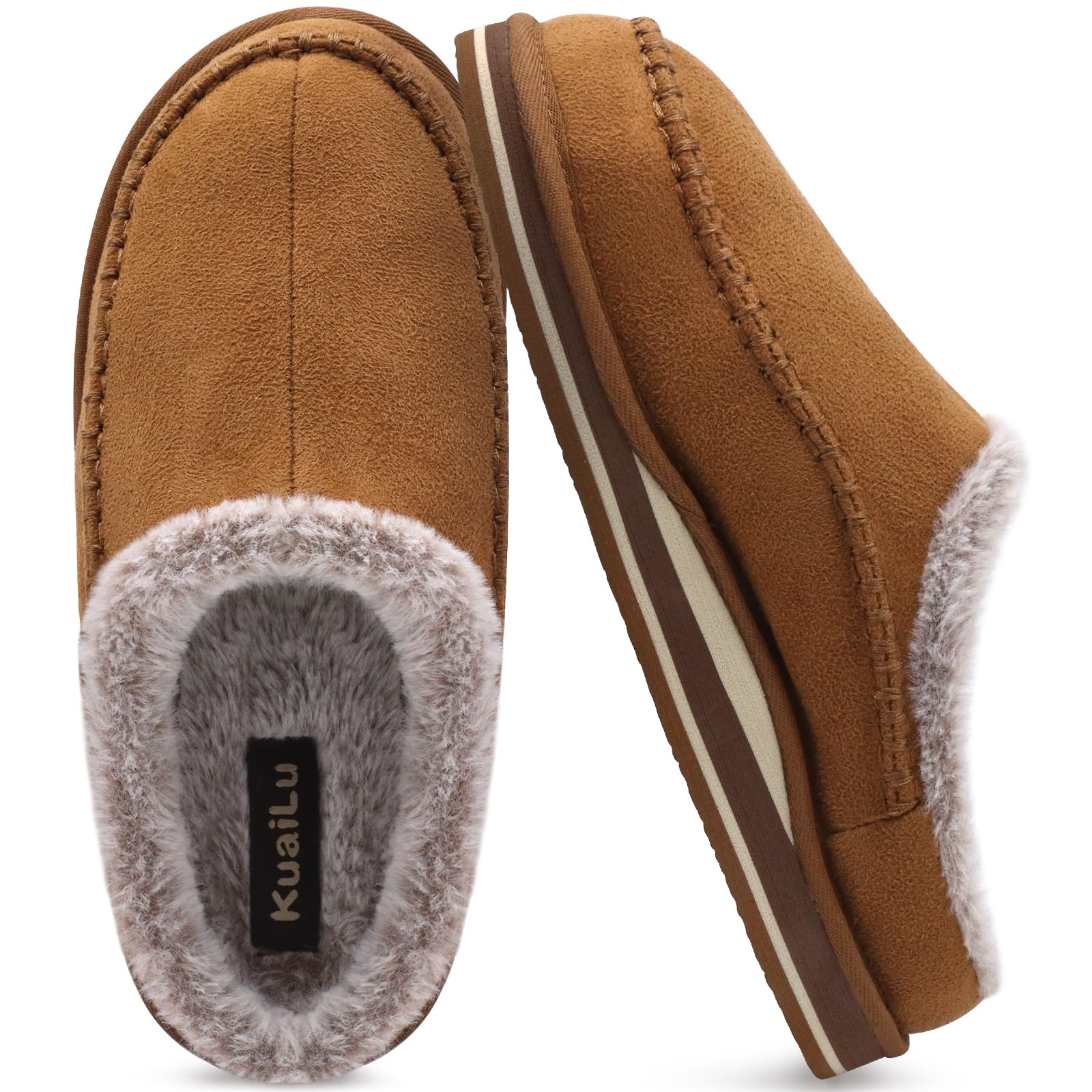KuaiLu Mens Slippers with Orthotic Arch Support Suede Faux Fur Fluff ...