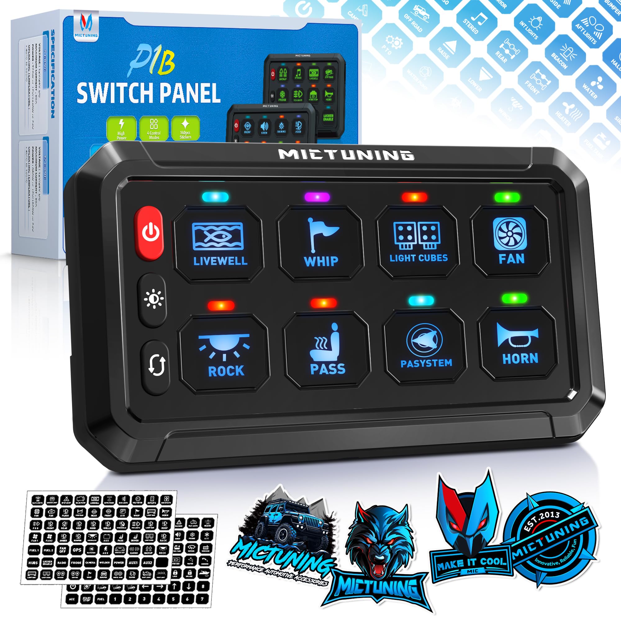 MICTUNING P1B 8 Gang Switch Panel, Multifunction Toggle Momentary Flash ...