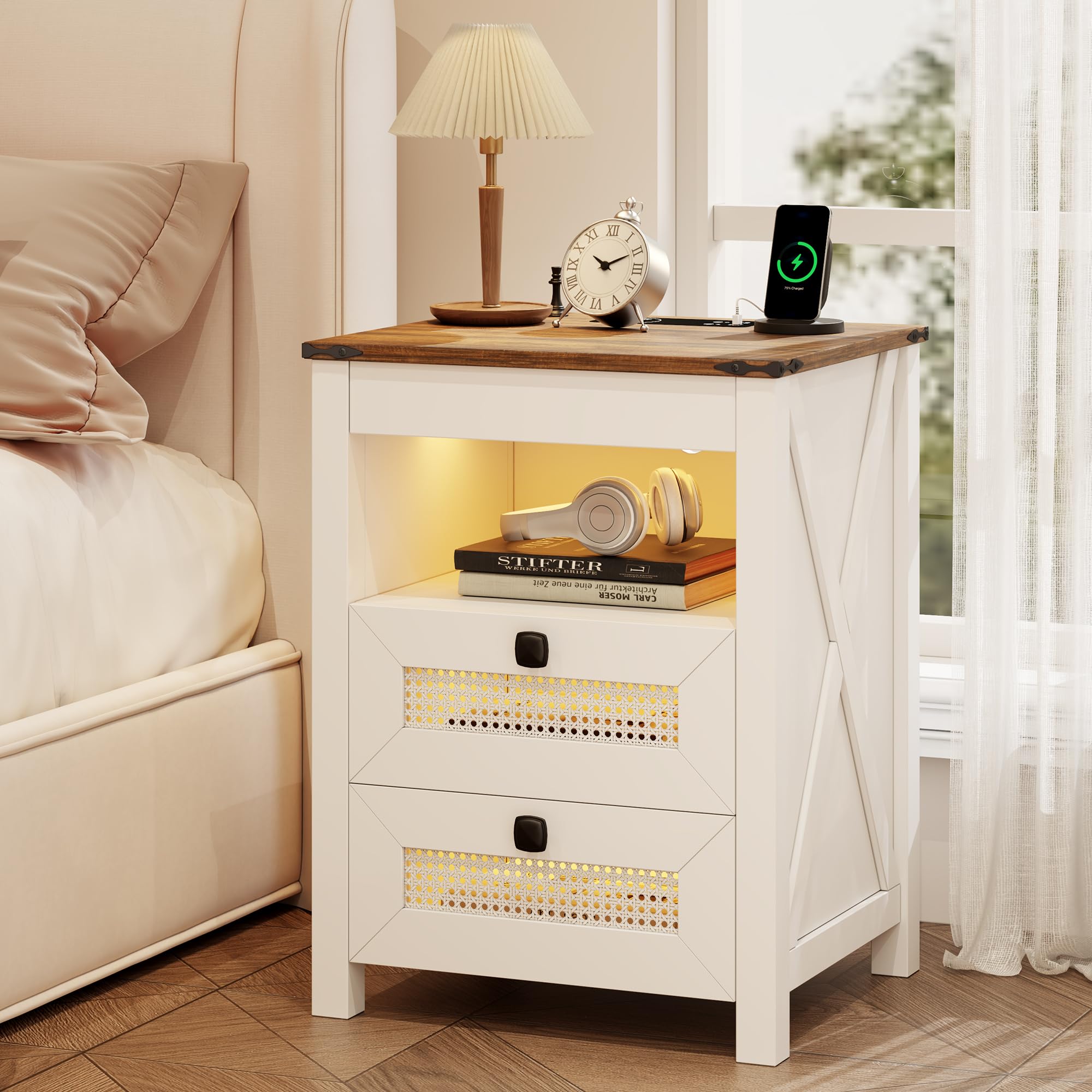 FREDEES Farmhouse Nightstand with Gun Drawer, End Table with Charging ...