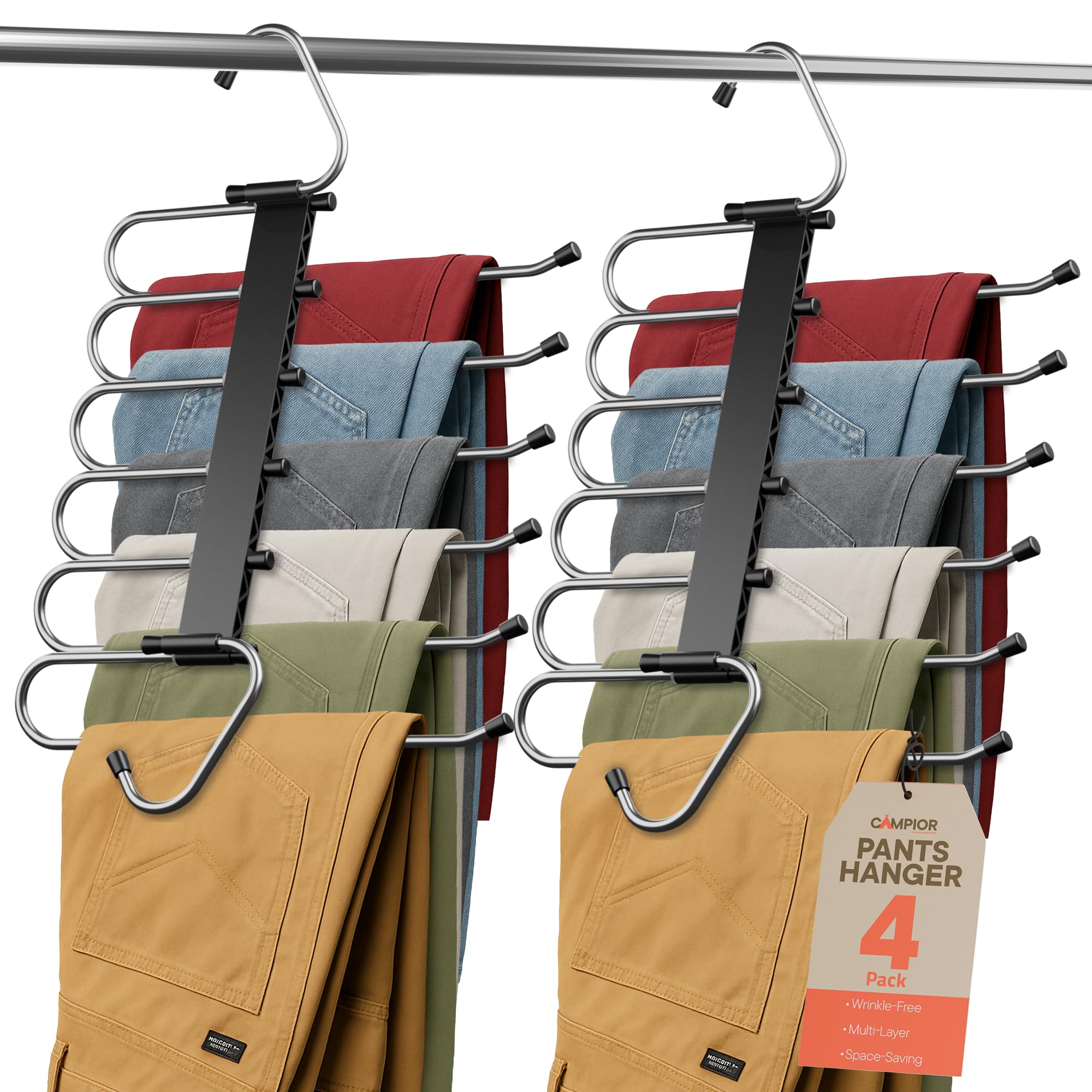 Black Space Saving Pants Hangers 4 Pack, 6 Layer Jeans Hangers and ...