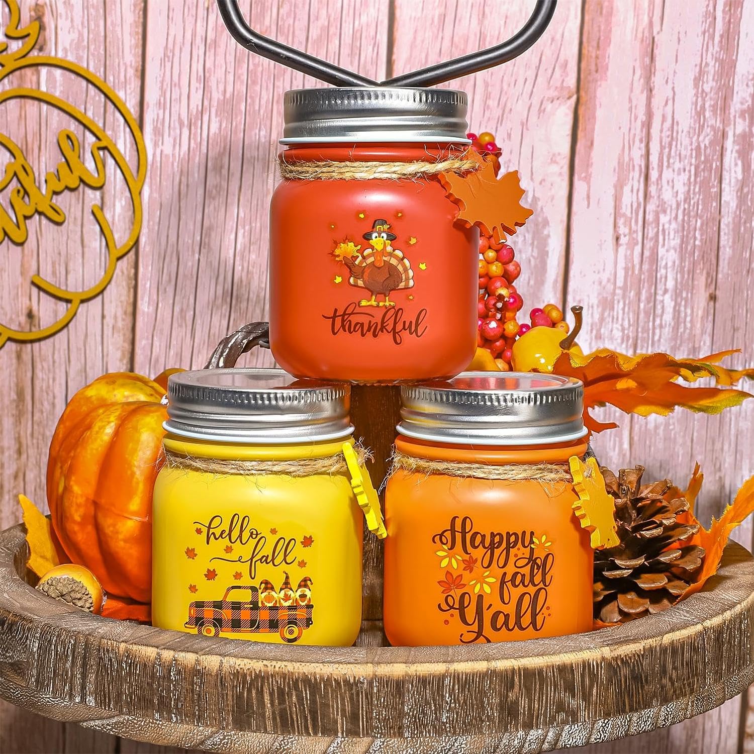 Whaline 3Pcs Fall Mini Mason Jar Farmhouse Autumn Tiered Tray Decor ...