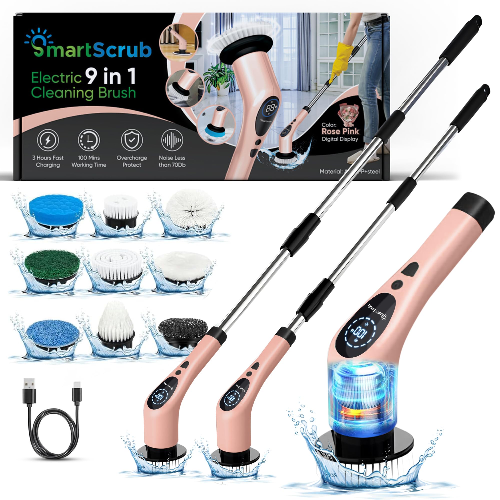 Electric Spin Scrubber, SmartScrub Rose Pink, With 9 Replaceable Brush ...