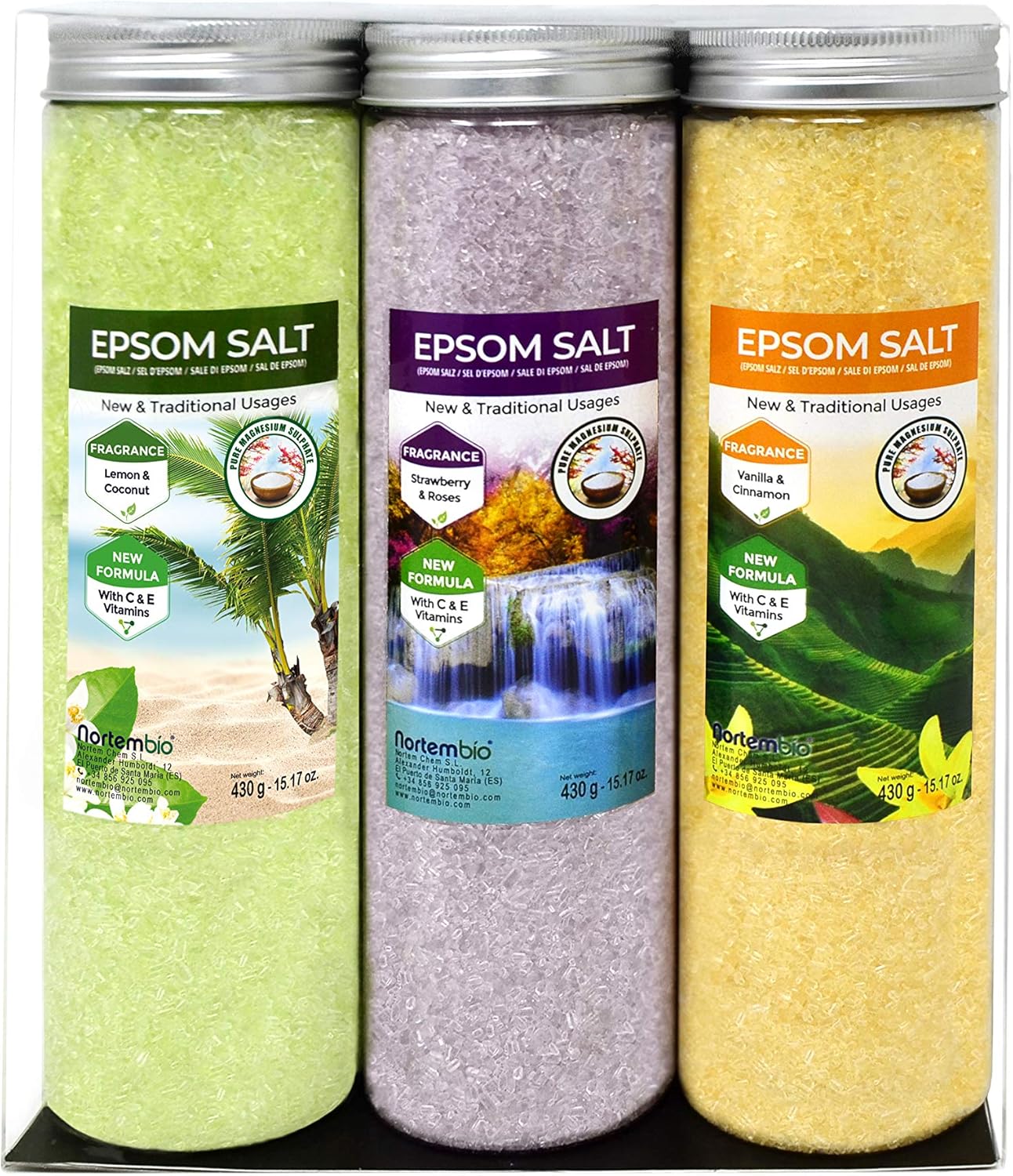 Nortembio Sels d’Epsom Pack 3 x 430 g. Fragances de Vanille, Roses ...