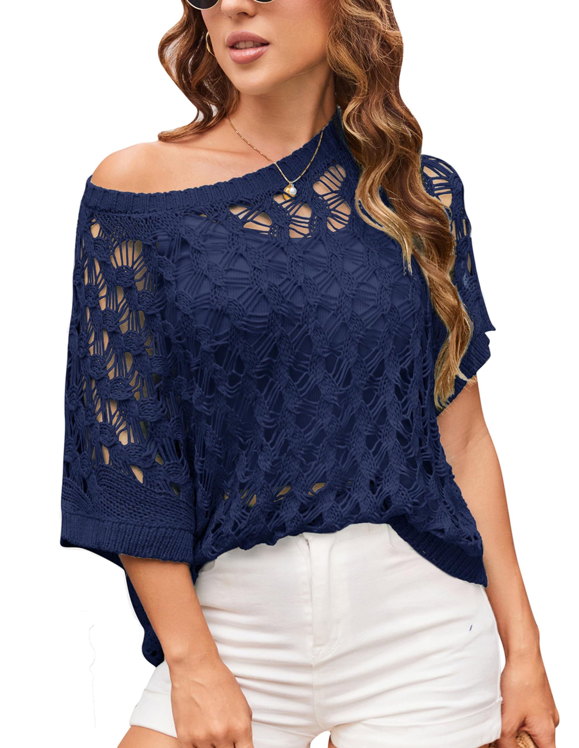 GRACE KARIN Off Shoulder Sweater Spring Scoop Neck Short Sleeve Crochet ...