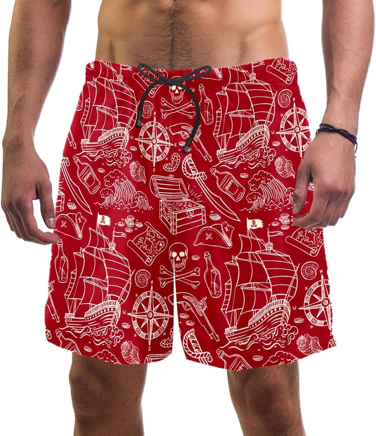 Red Ocean Nautical Pattern Men's Beach Shorts Quick Dry Swim Trunks ...