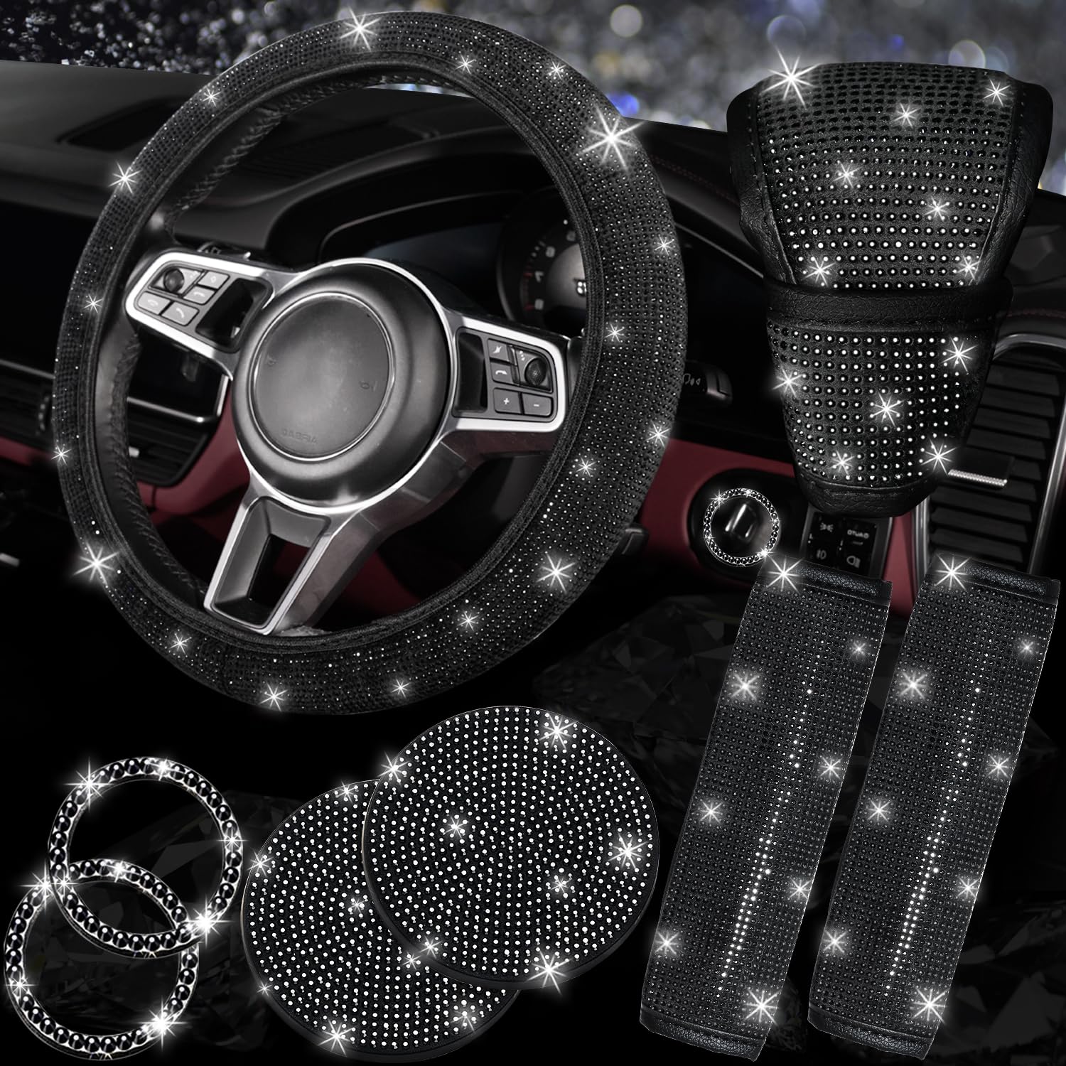 NBTEPEM 8 pcs Bling Car Accessories Set for Women, Steering Wheel Cover ...