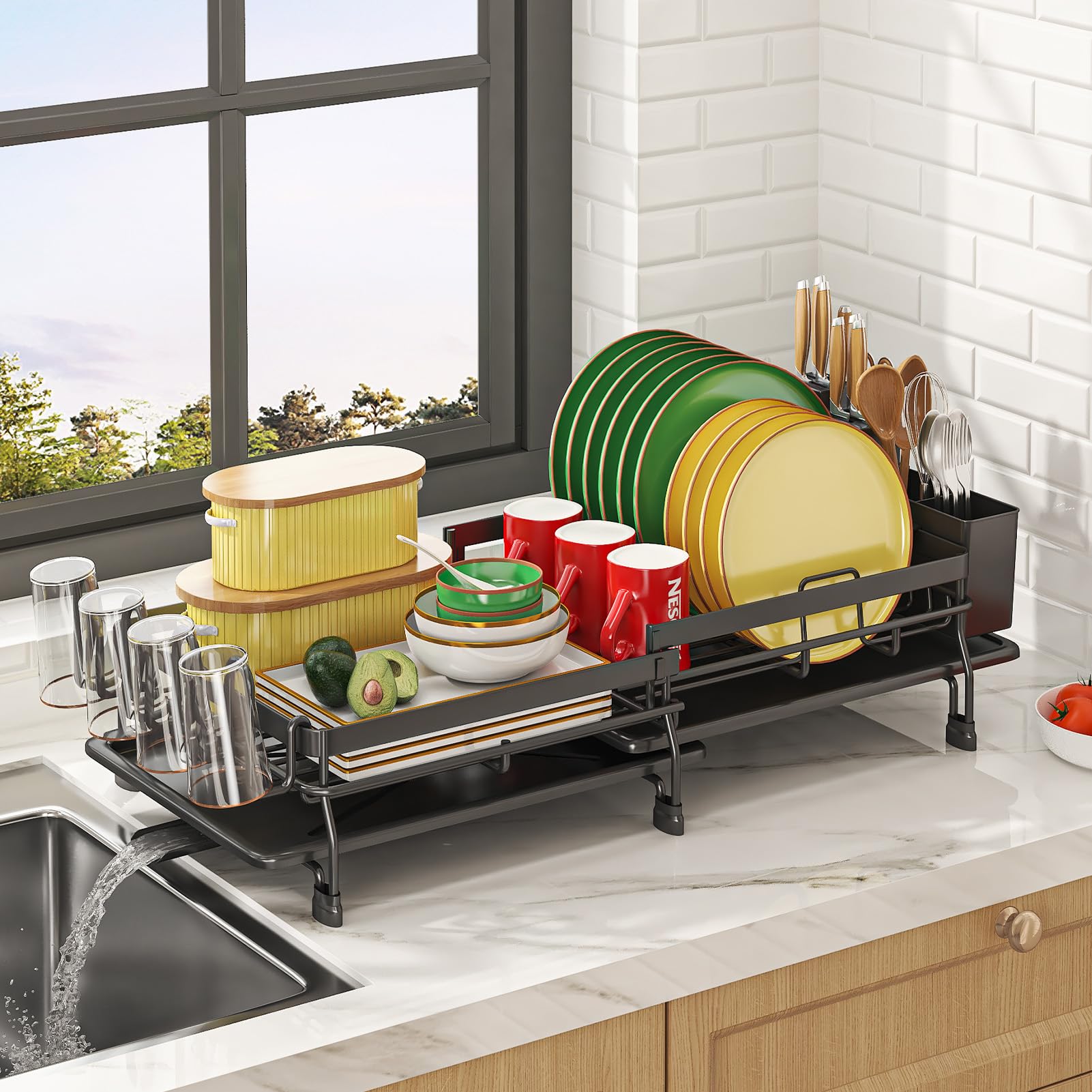 Famhap Large Dish Drying Rack - Extendable (22"-29" L) Dish Rack with ...