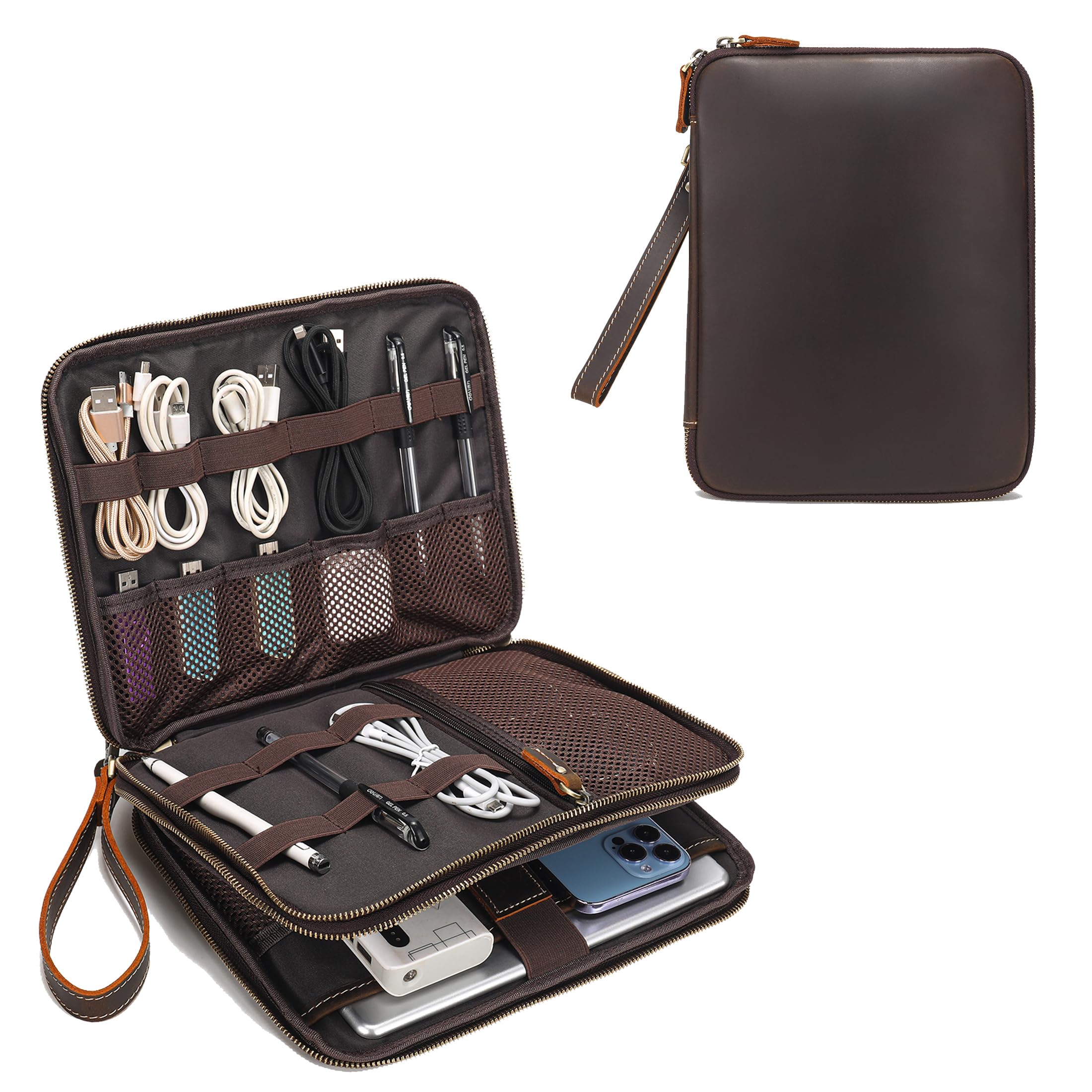 LANNSYNE Full Grain Leather Travel Cable Accessories Bag, Electronic ...