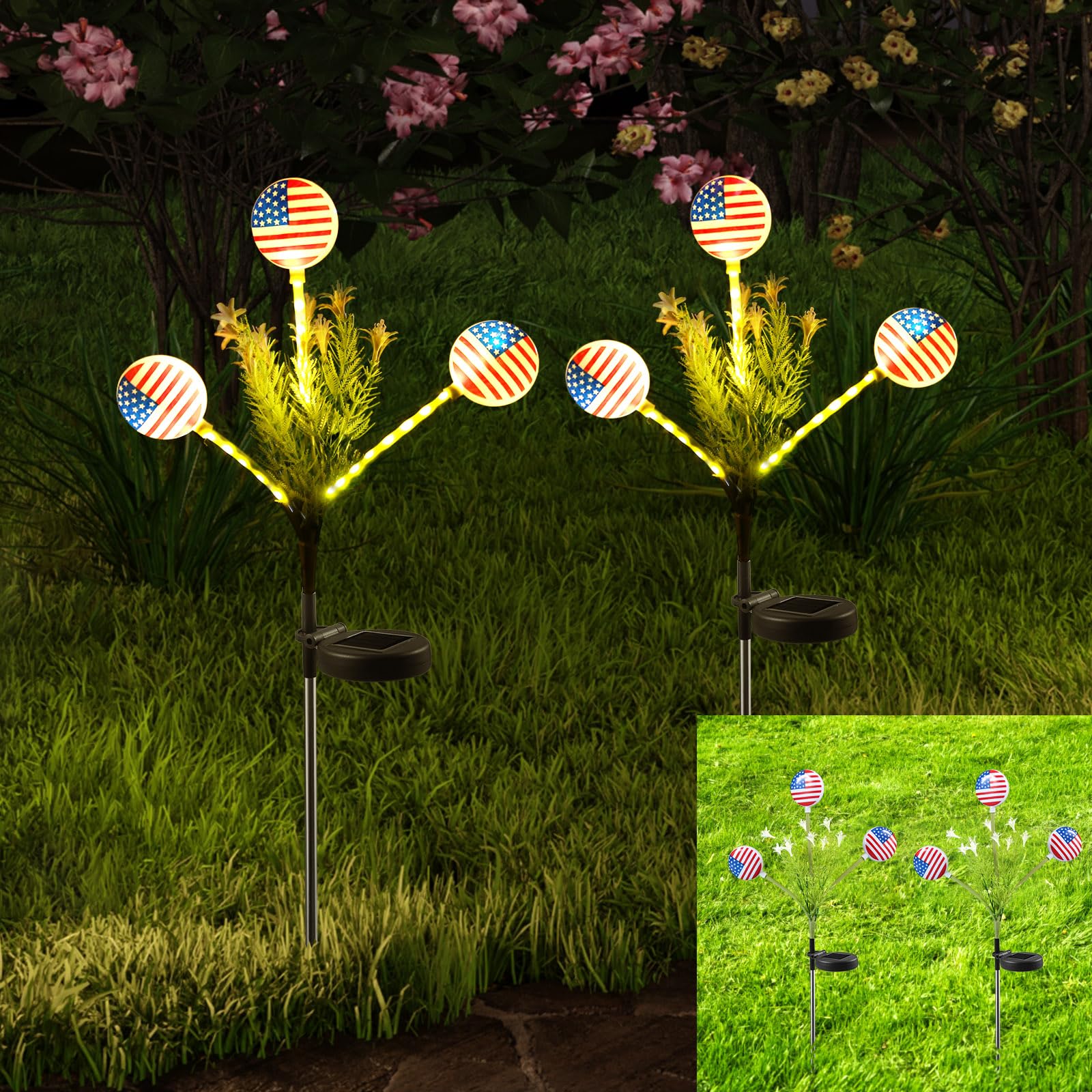 Solar Lights Outdoor Waterproof, 2 Pack American Flag Garden Lights for ...