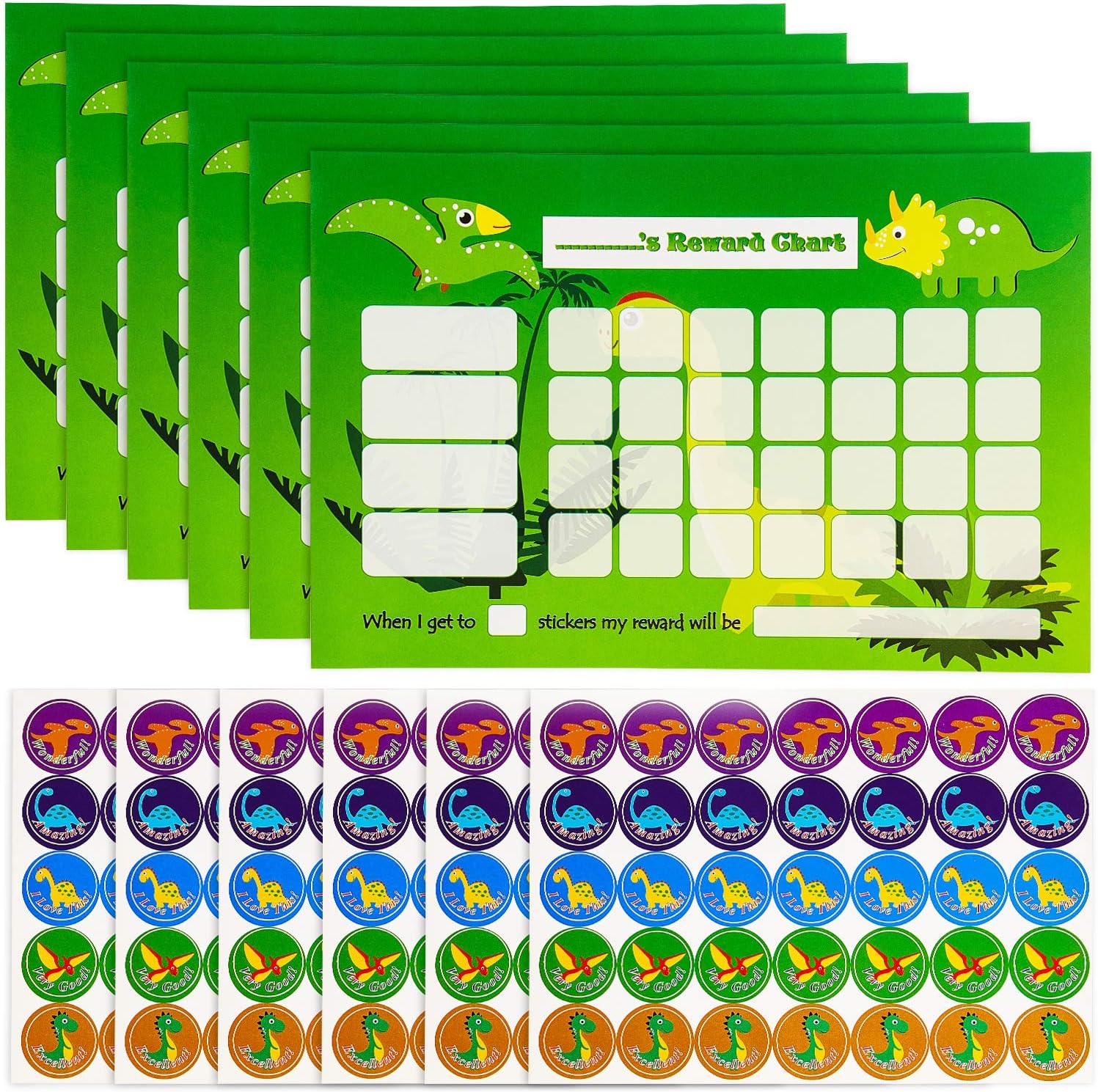 12 Pieces Dinosaur Reward Chart Set Includes 6 Pieces Dinosaur Reward ...
